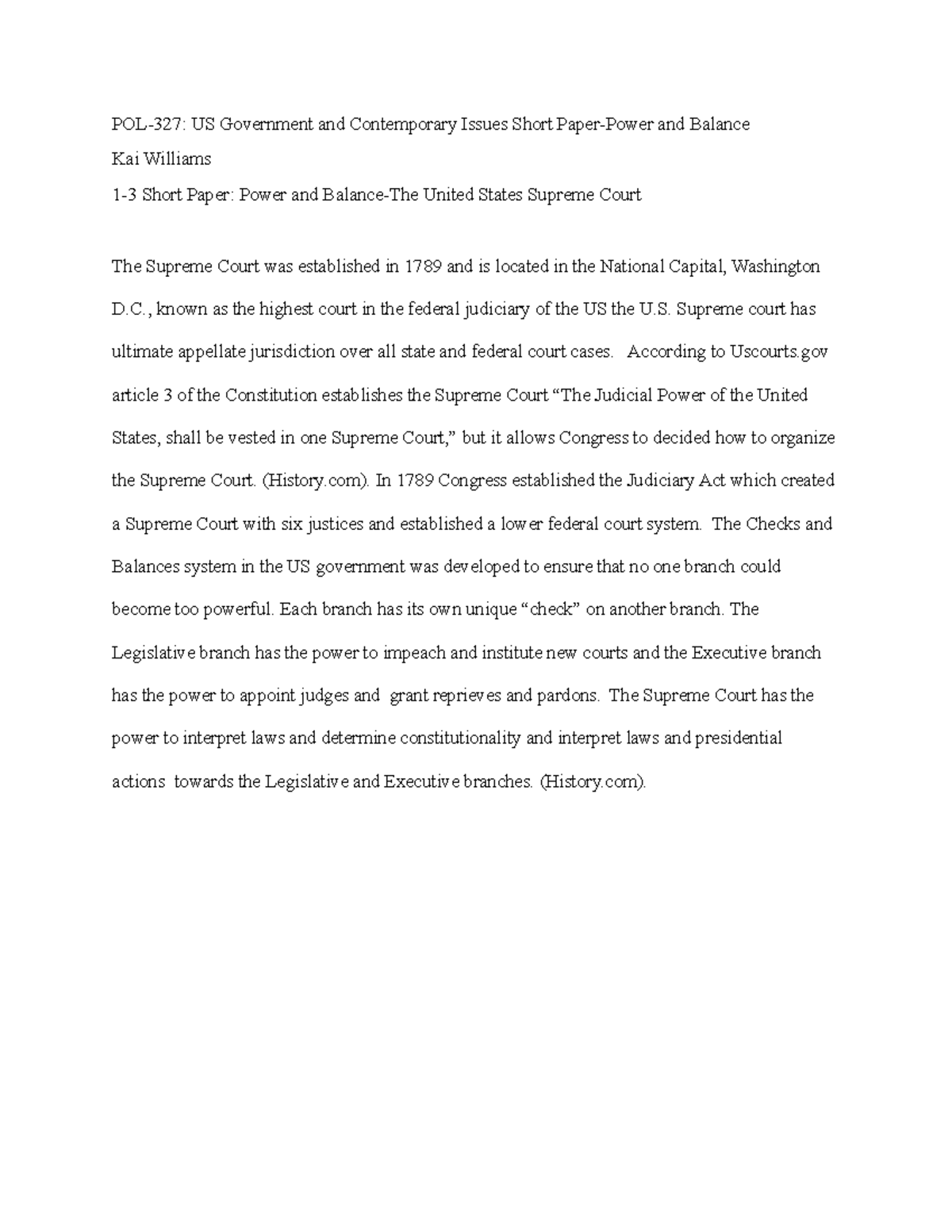 POL-327 US Gov't 1-3 Short Paper (Power and Balance) 5 - POL-327: US ...