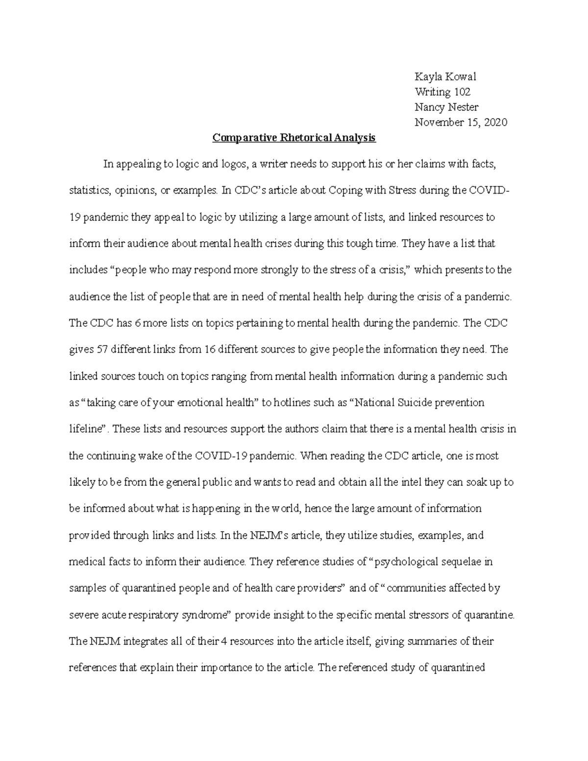 Kowal Comparative Rhetorical Analysis - Kayla Kowal Writing 102 Nancy ...