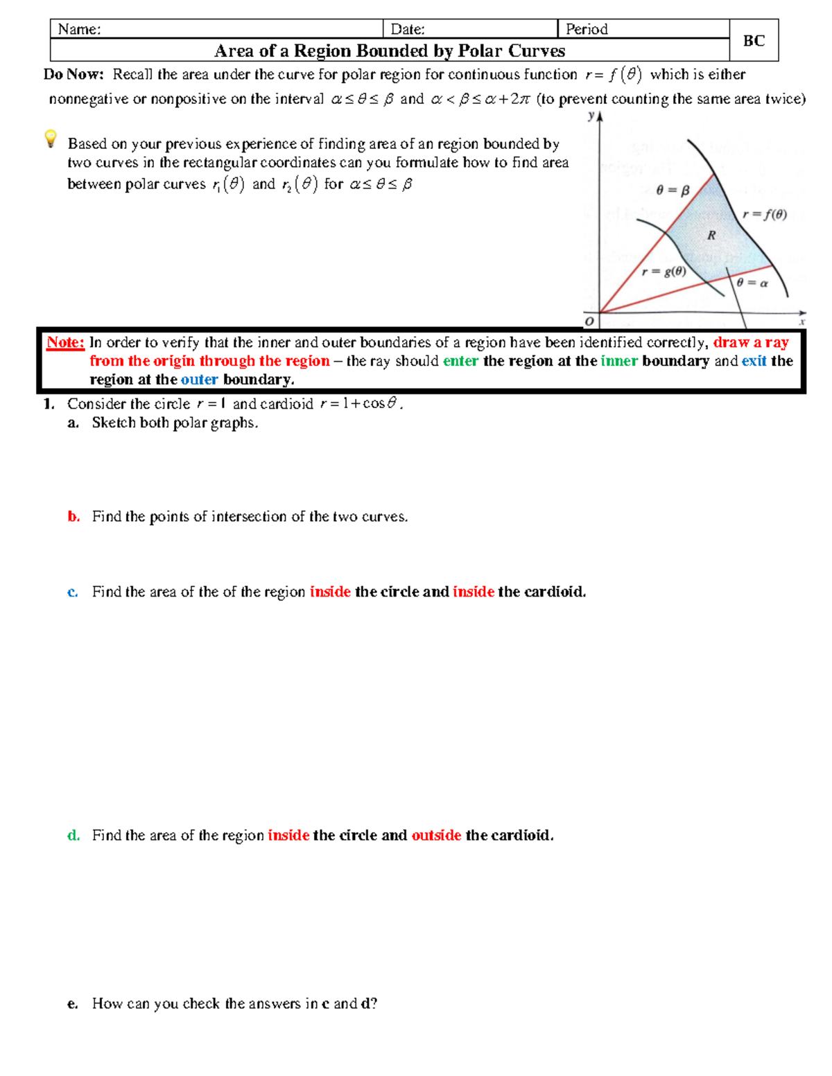 P06 - Area of a Region Bounded by Polar Curves - Worksheet and HW ...