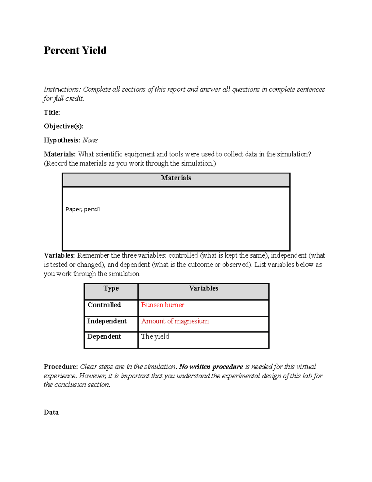 Document 12 - Lab Report - Percent Yield Instructions: Complete all ...
