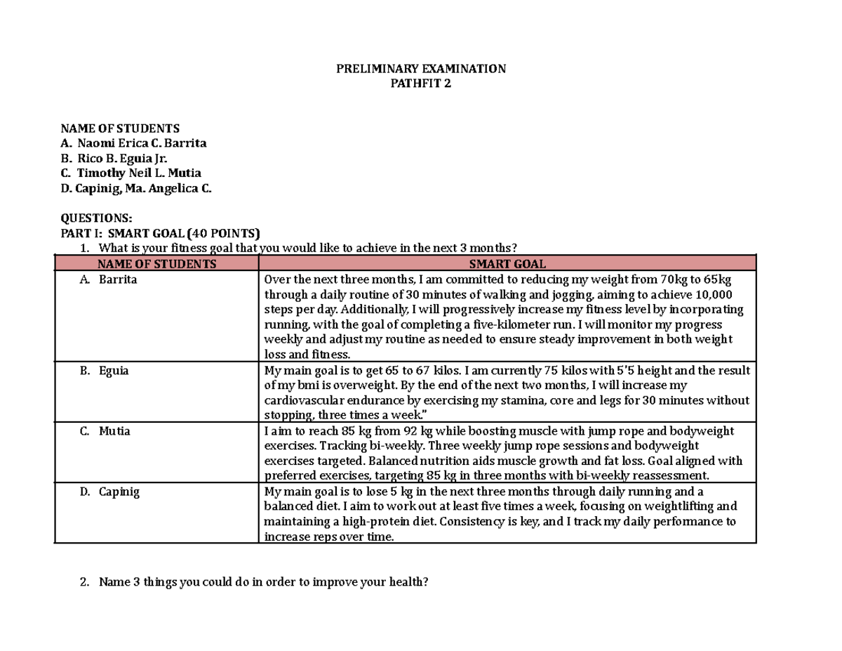 Preliminary Examination 1 1 - PRELIMINARY EXAMINATION PATHFIT 2 NAME OF ...