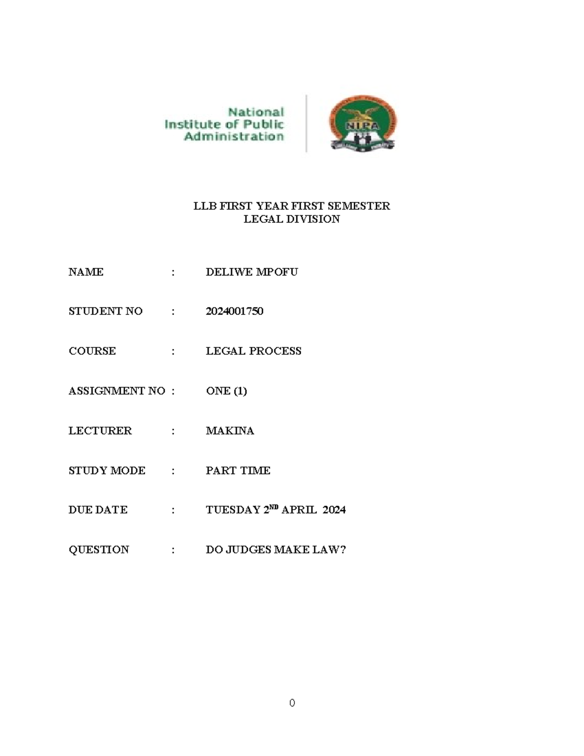 Legal Process Assignment 1 - LLB FIRST YEAR FIRST SEMESTER LEGAL ...