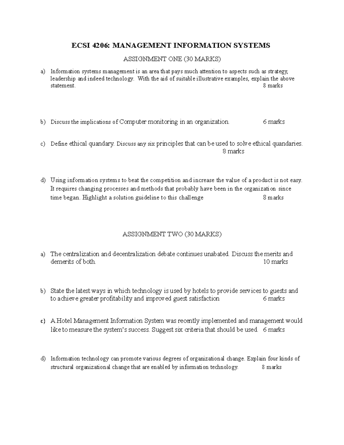 MIS Assignment Sample Questions ECSI 4206 MANAGEMENT INFORMATION