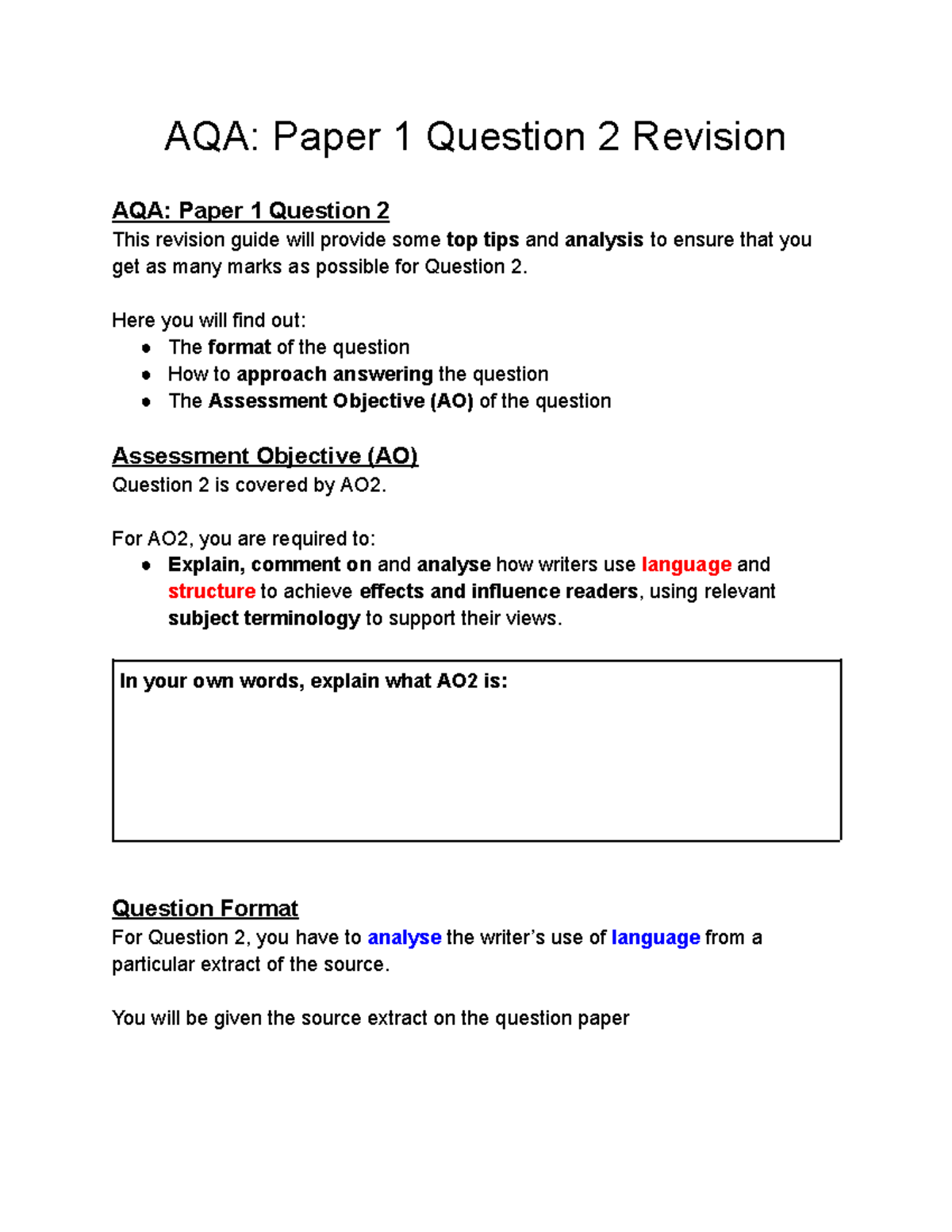 AQA Paper 1 Question 2 Revision - AQA: Paper 1 Question 2 Revision AQA ...