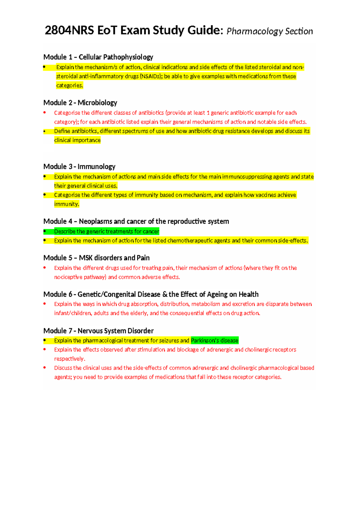 2804NRS Study Guide Pharma - 2804NRS EoT Exam Study Guide: Pharmacology ...
