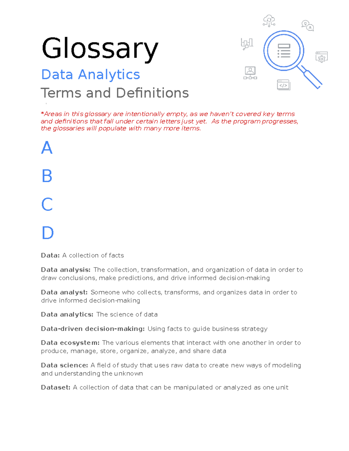 Course 1 Week 1 Glossary DA terms and definitions - Glossary Data ...