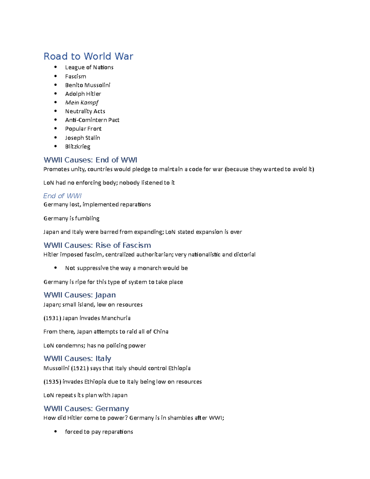WWII Notes HST110 2019 - Road to World War League of Nations Fascism ...