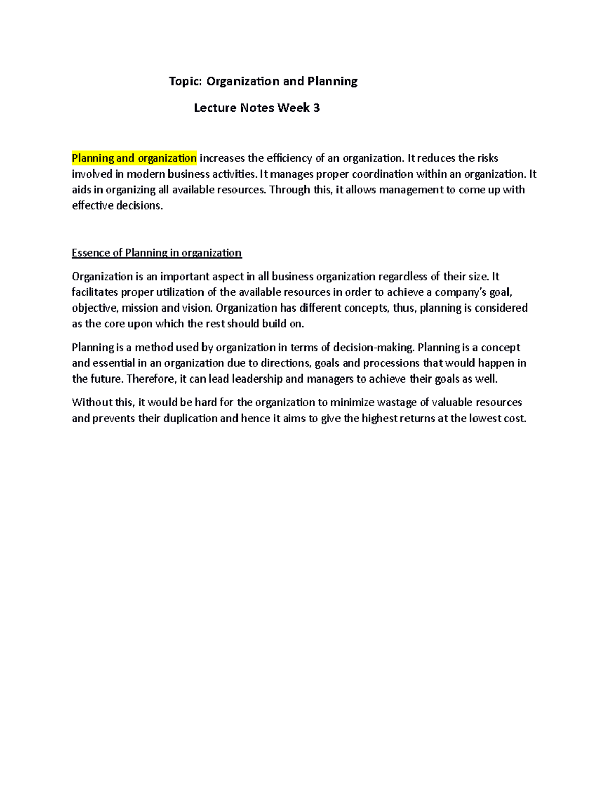 Organization and Planning - Topic: Organization and Planning Lecture ...