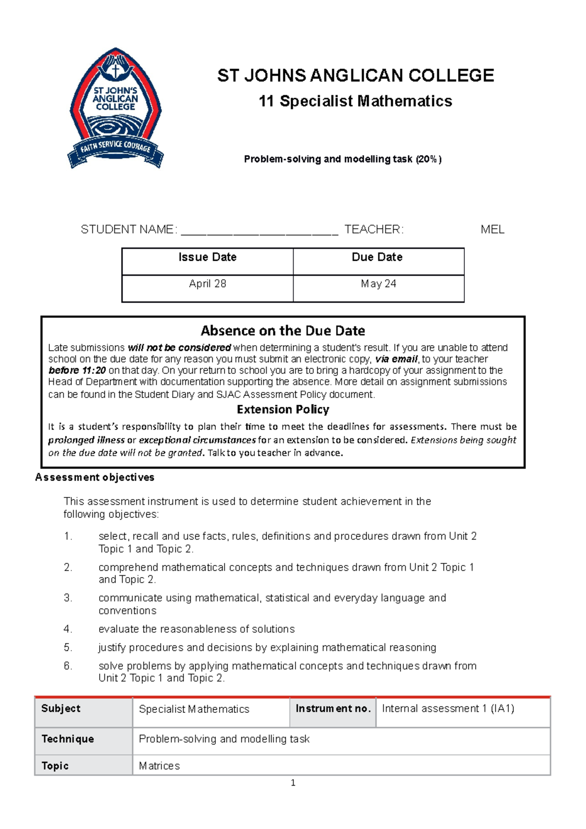 11 Specialist PSMT 2022 - ST JOHNS ANGLICAN COLLEGE 11 Specialist ...