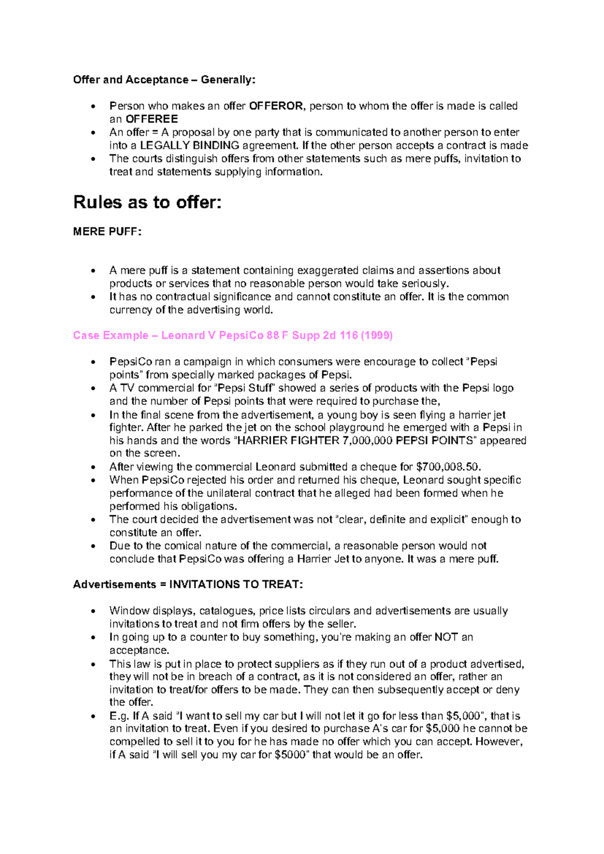 Contracts offer notes - note - Offer and Acceptance – Generally ...
