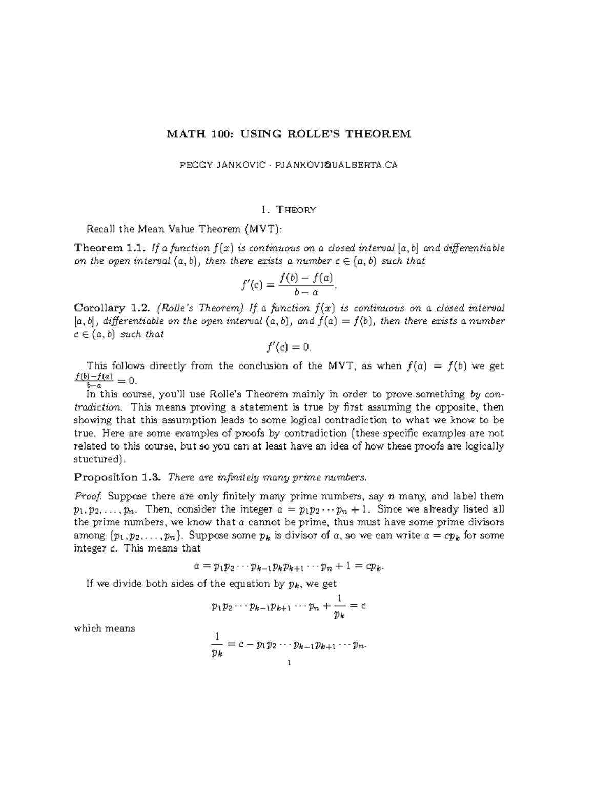 Using Rolles theorem - MATH 100: USING ROLLE’S THEOREM PEGGY JANKOVIC ...