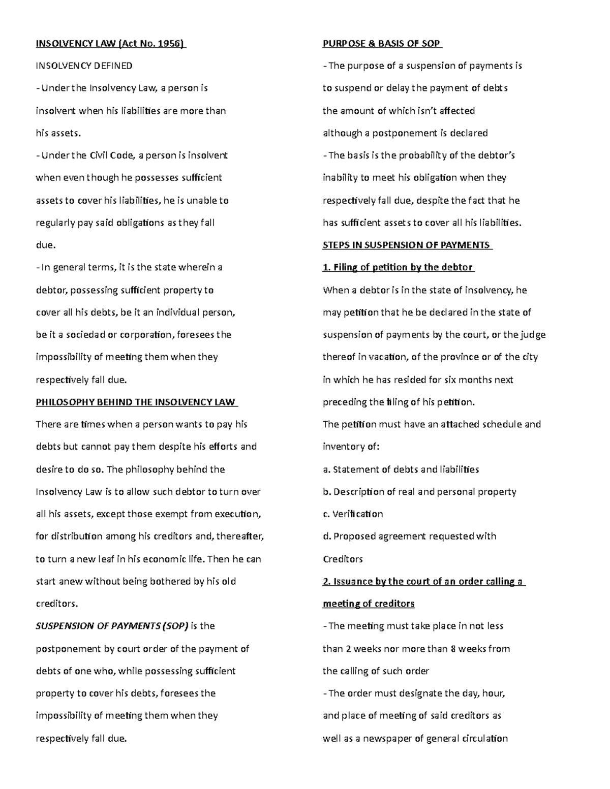 Insolvency law Lecture - INSOLVENCY LAW (Act No. 1956) INSOLVENCY ...