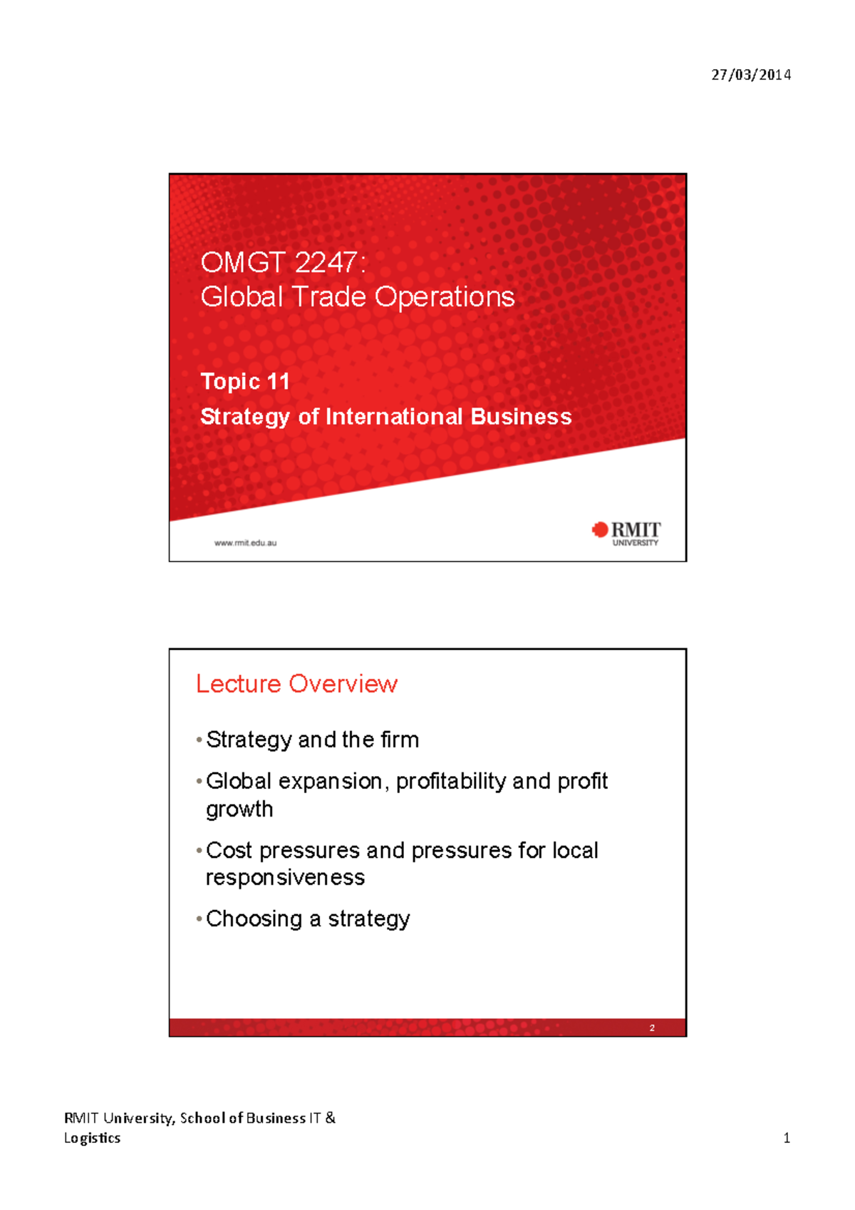 Topic 11 -Global Trade Operations slides- RMIT University, School of ...