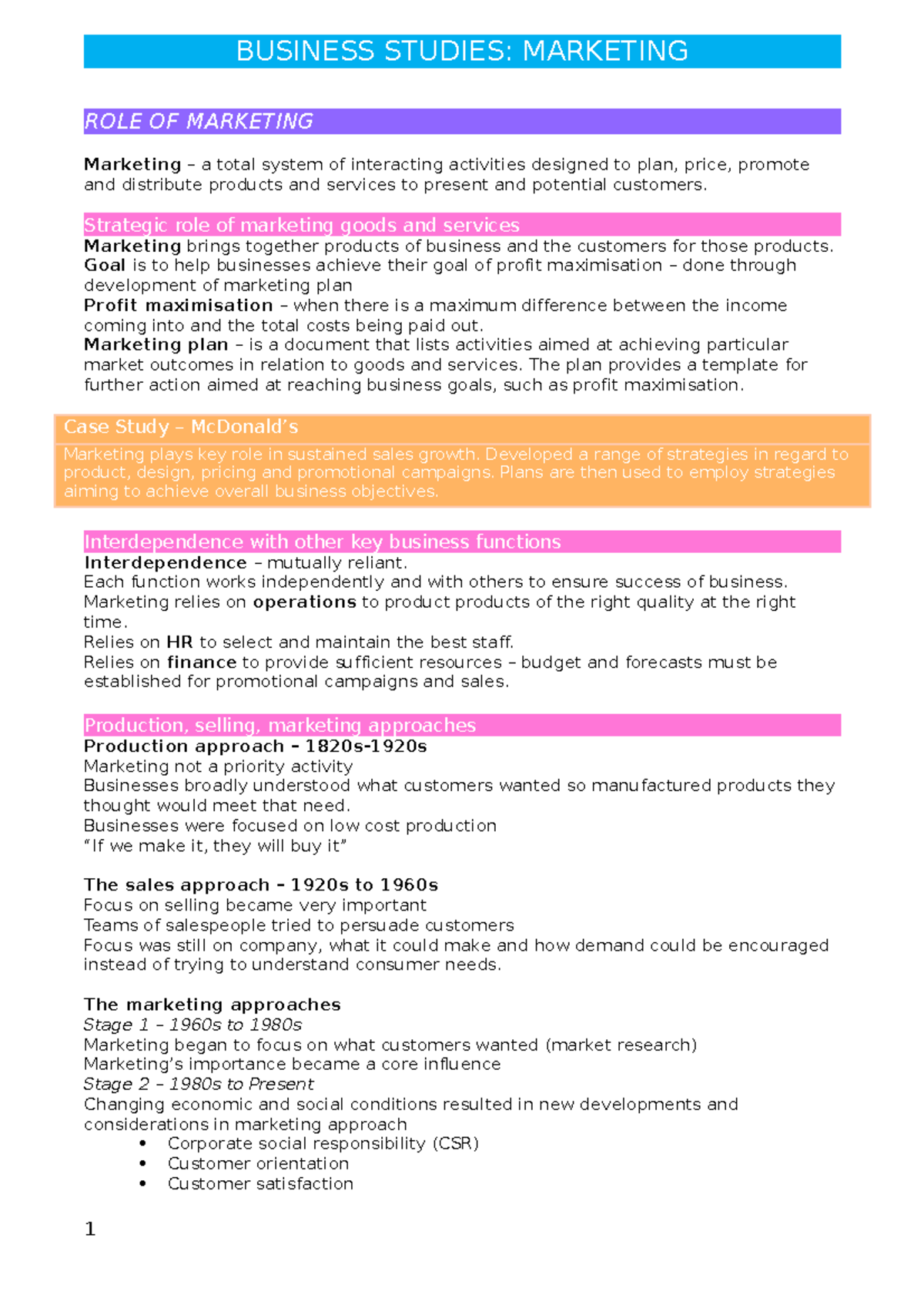 Business Studies 1 Marketing - ROLE OF MARKETING Marketing – a total ...
