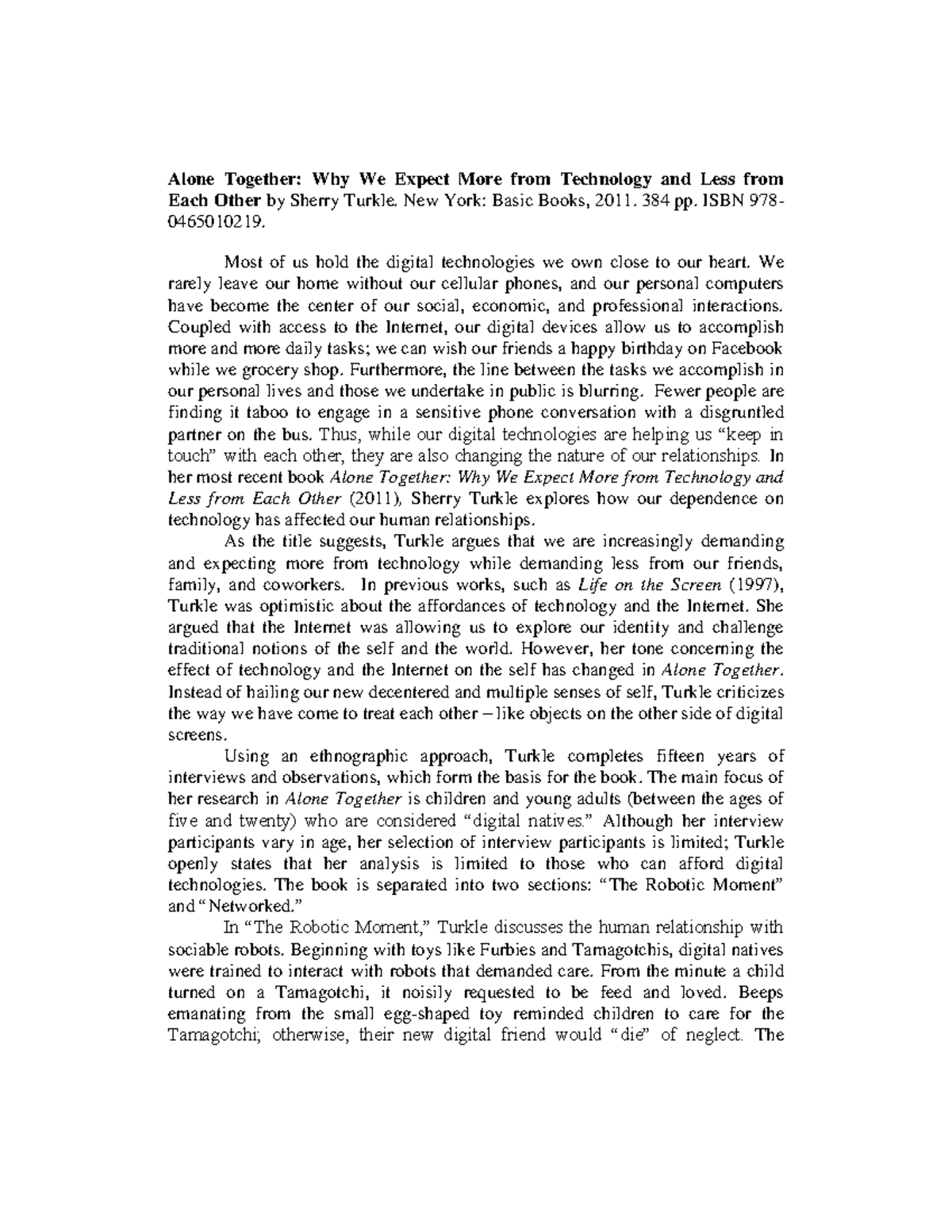 Alone Together - Critique essay - Alone Together: Why We Expect More ...