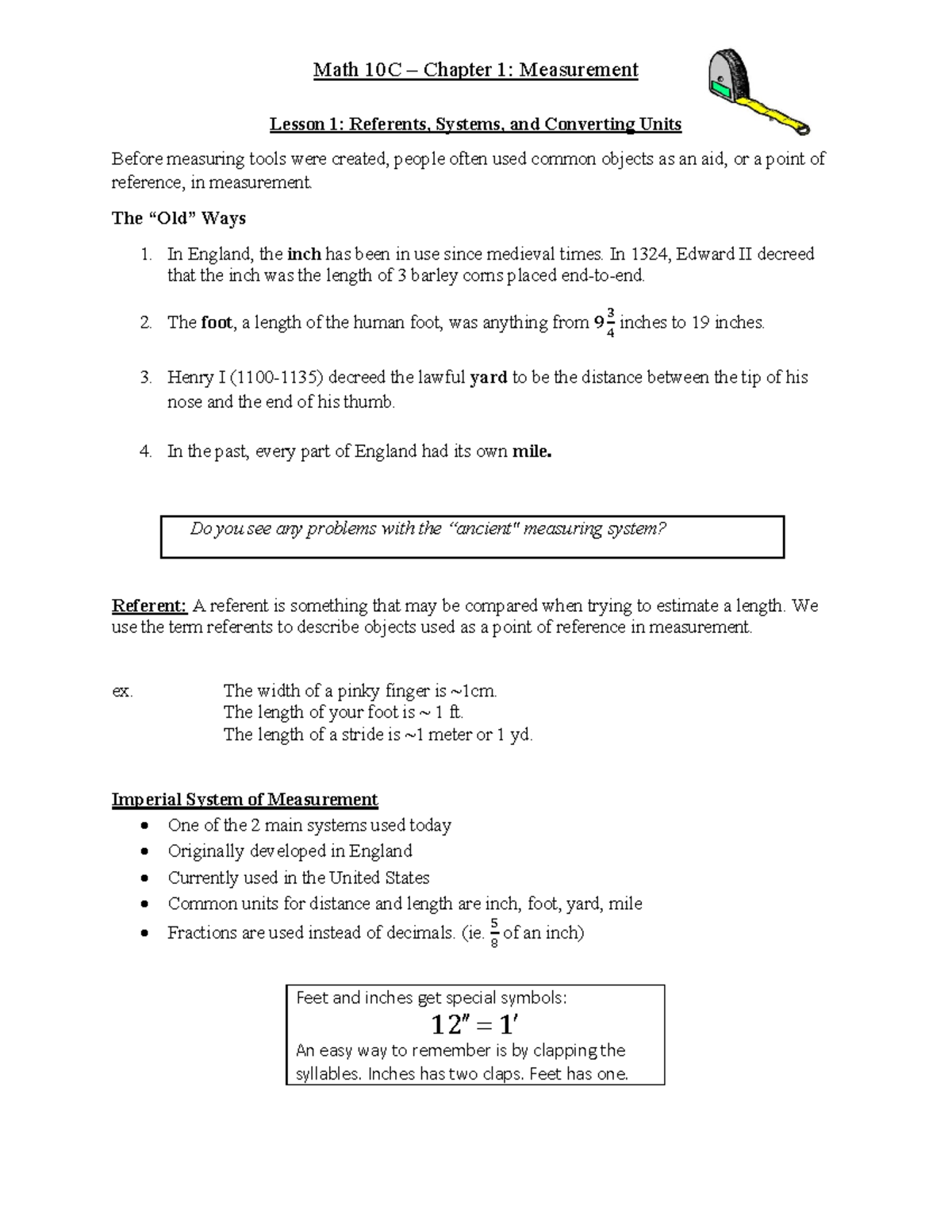 Measurement notes 2022 - Math 10C – Chapter 1: Measurement Lesson 1 ...