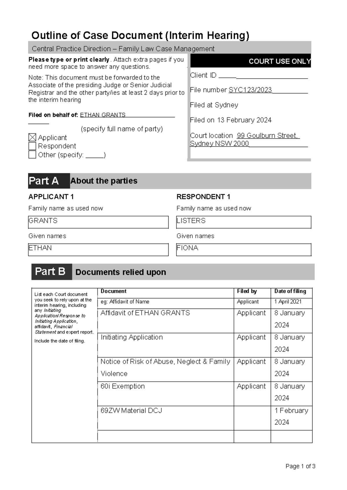 Outline Case Interim Family Violence Assessment - Outline of Case ...