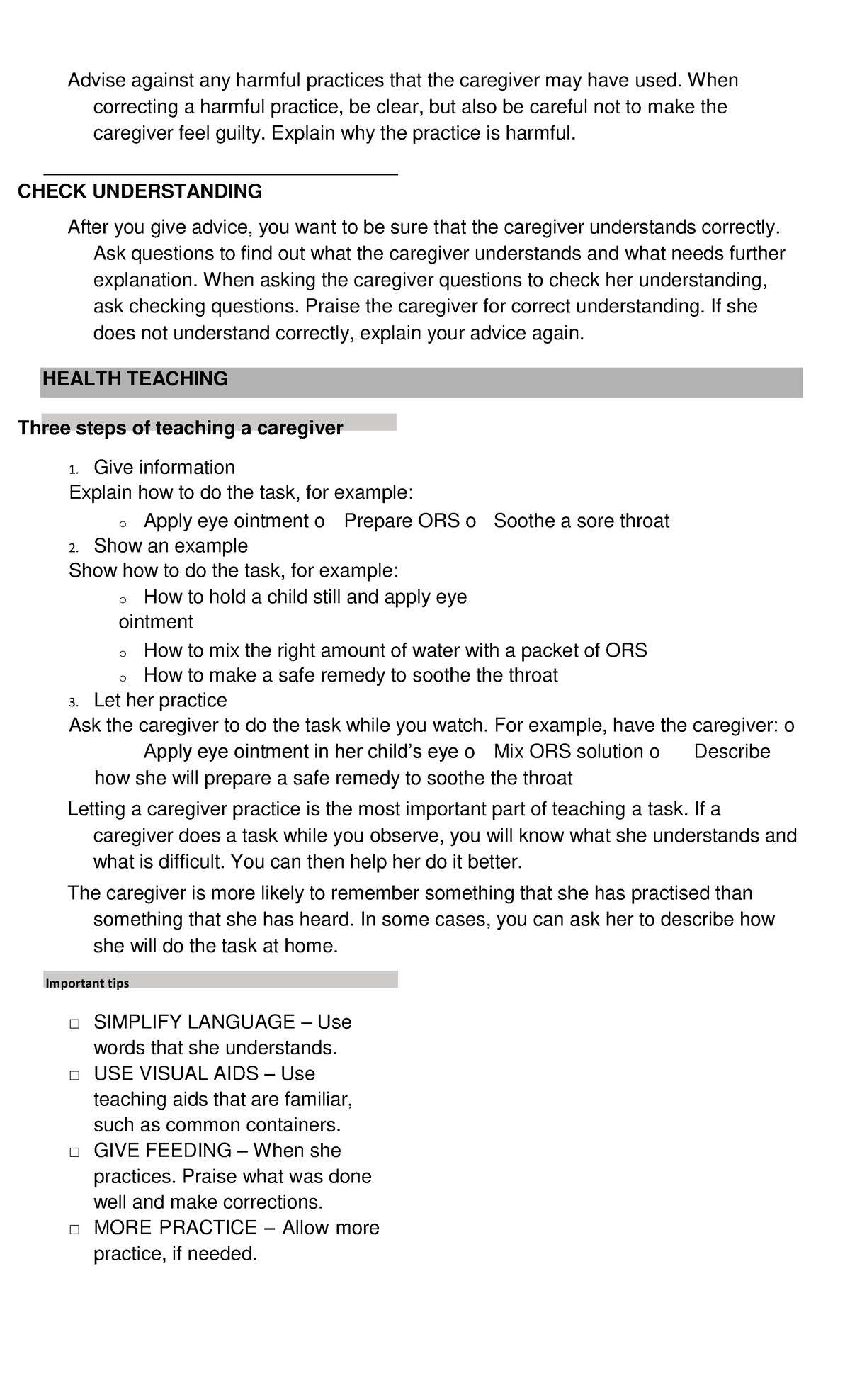 Check Understanding OF Health Teaching - Advise against any harmful ...