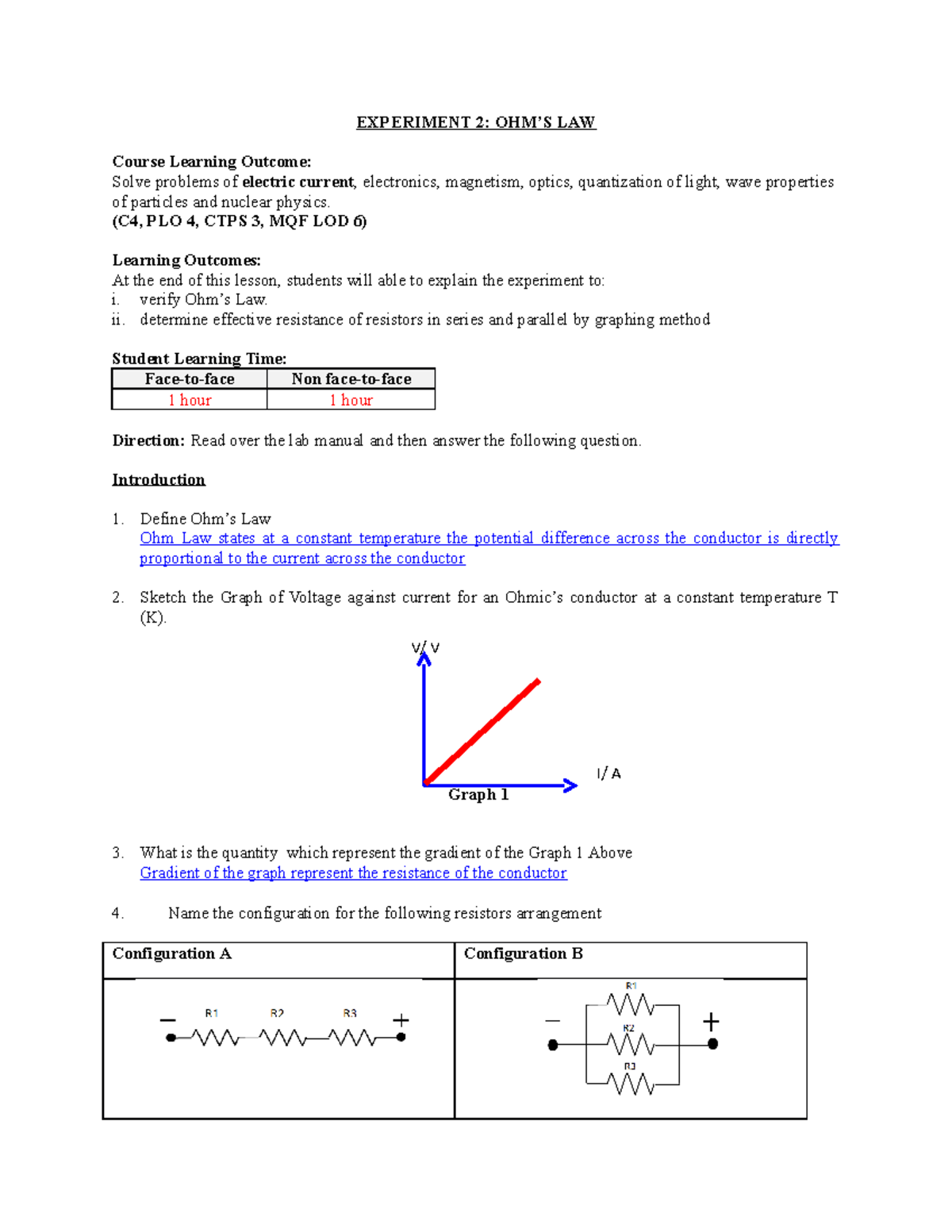 Prelabsp 025 cp2 - lab tuto - EXPERIMENT 2: OHM’S LAW Course Learning ...