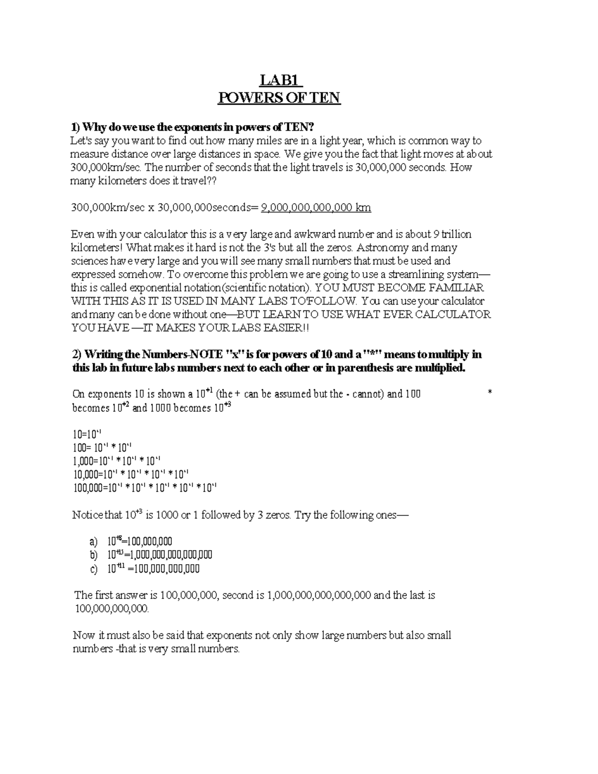 LAB1 Powers OF TEN-2 - Astronomy Lab assignment 1 - LAB POWERS OF TEN 1) Why do we use the ...