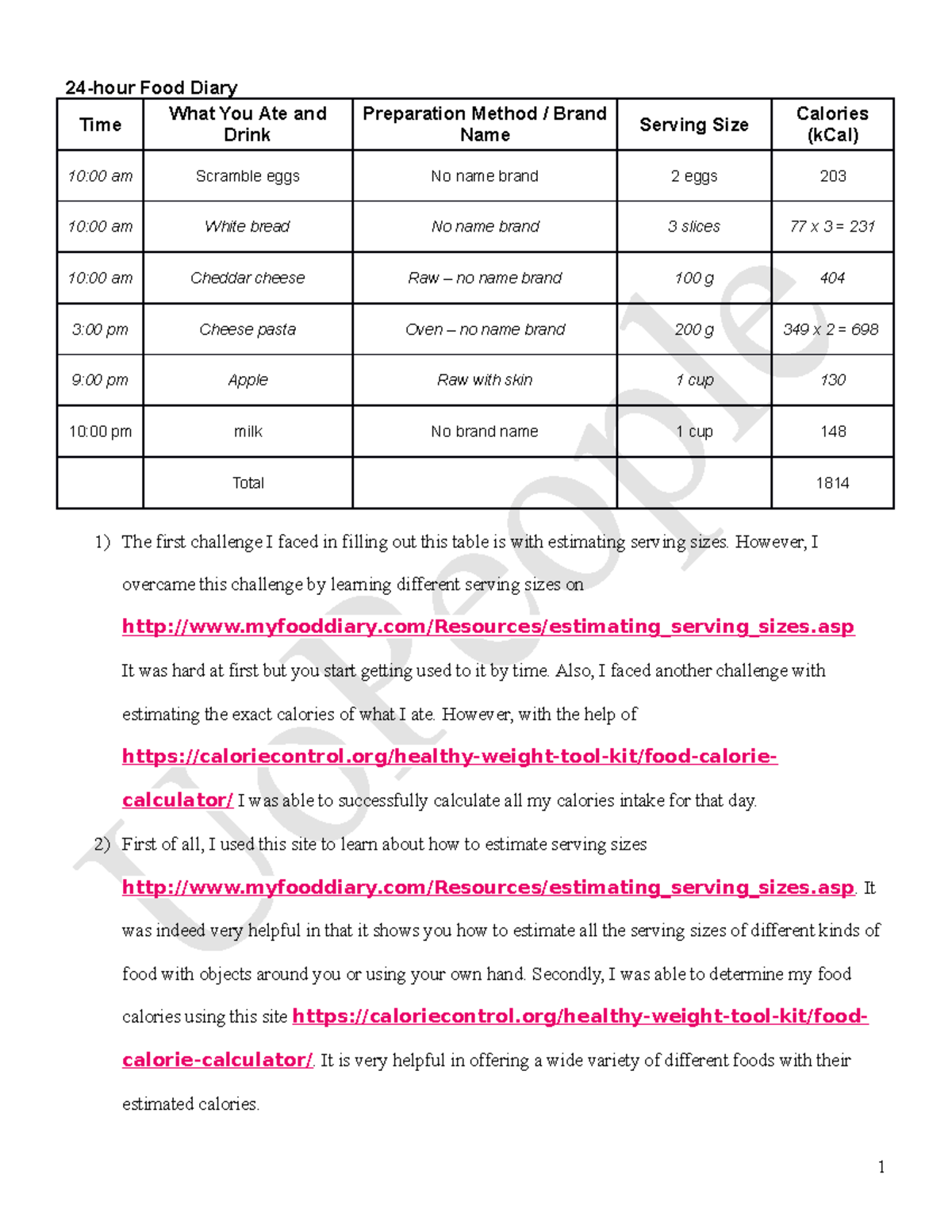 Written Assignment Unit 1 - Food Diary What You Ate and Time Drink ...