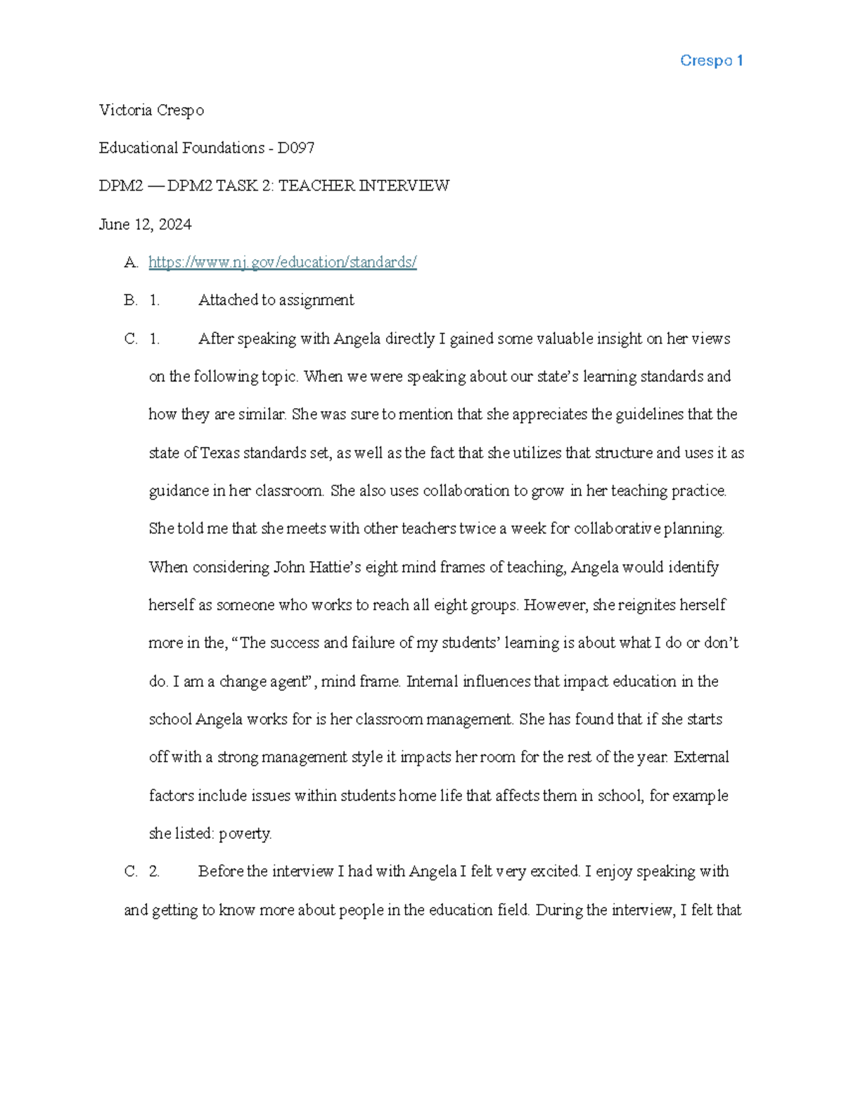 D097 Task 2 revised 3 - Victoria Crespo Educational Foundations - D ...