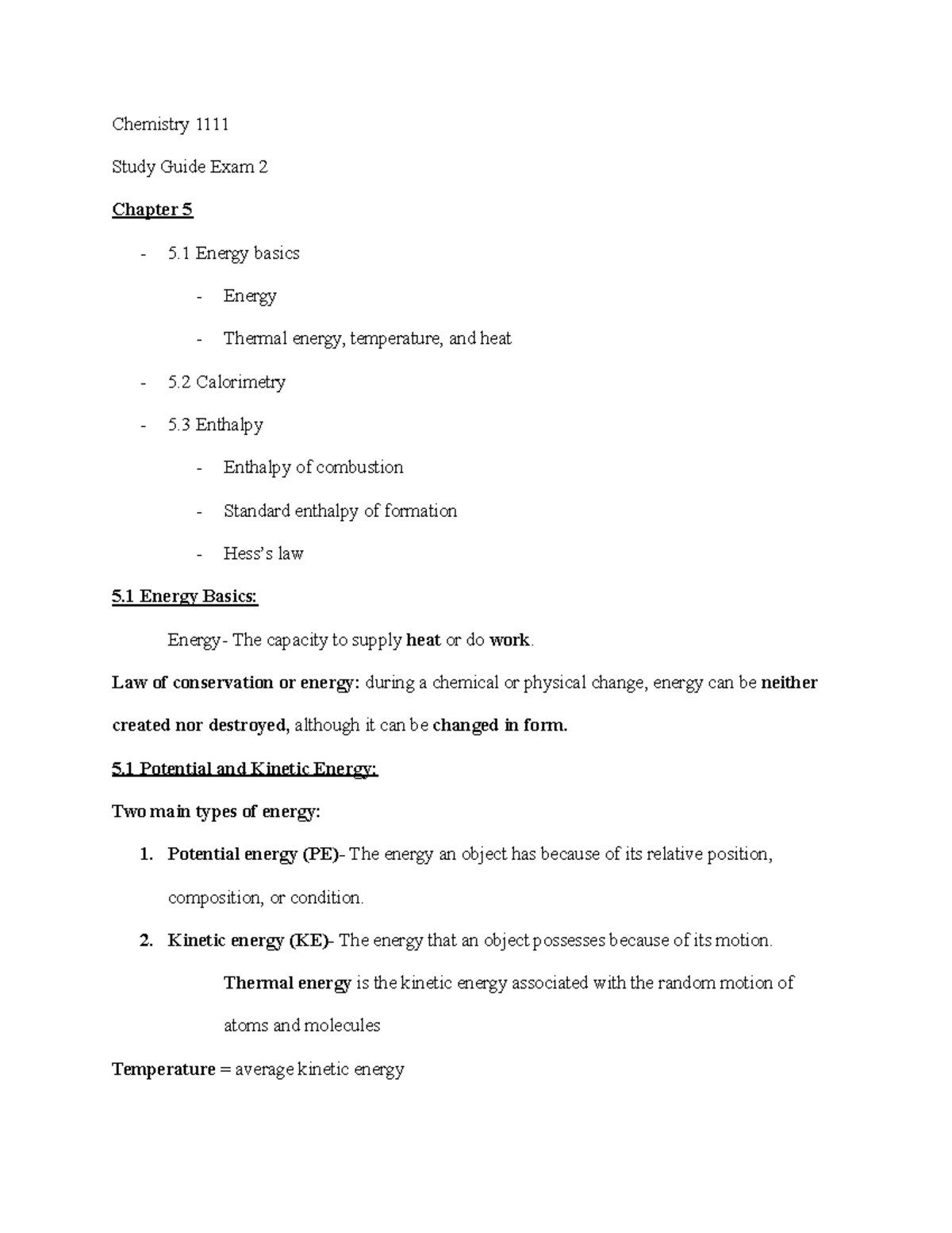 Chemistry Study Guide - Chemistry 1111 Study Guide Exam 2 Chapter 5 - 5 ...