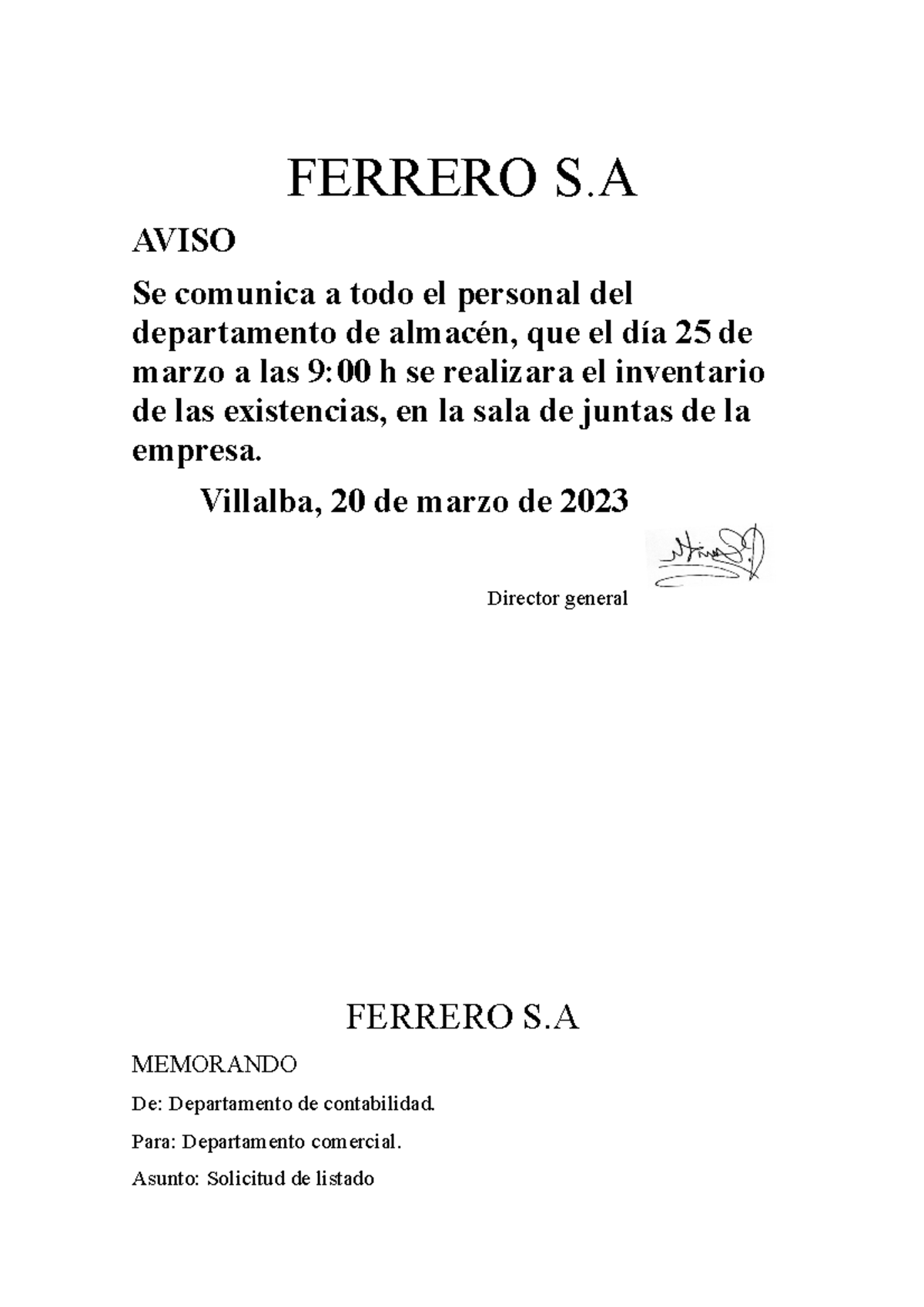 Actividad documentos escritos - FERRERO S AVISO Se comunica a todo el ...