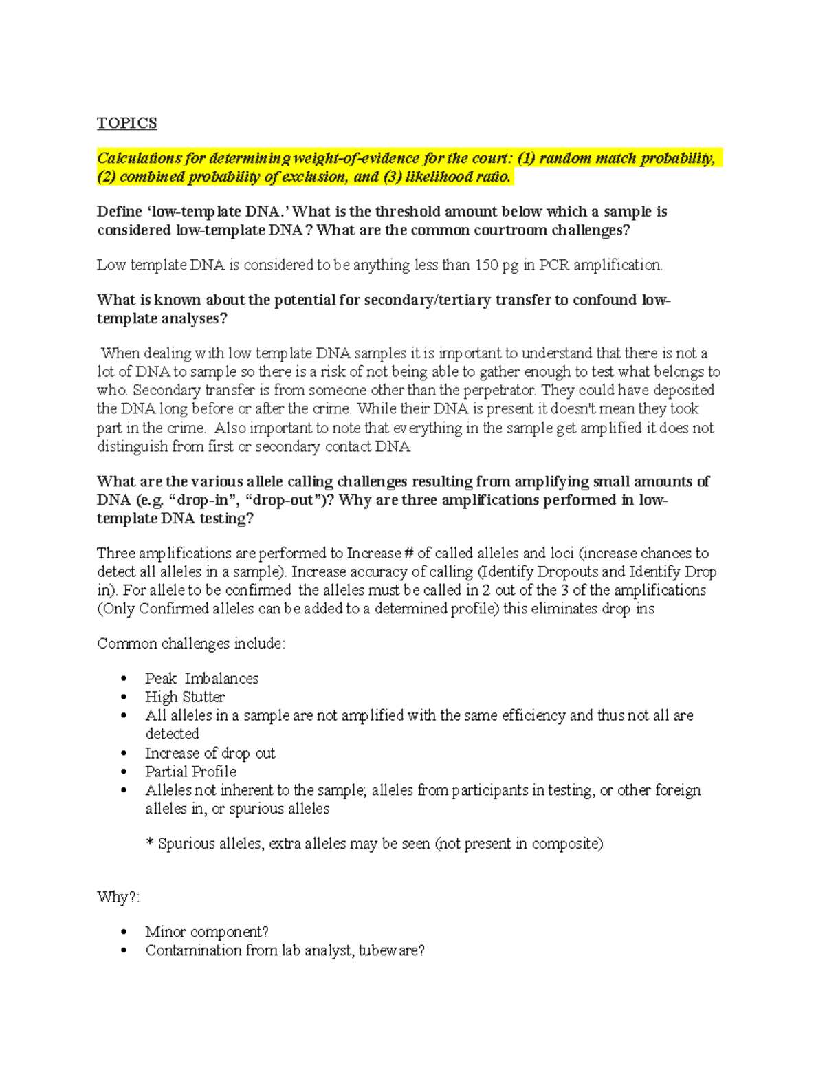 Forensics in the court room study guide 3 - TOPICS Calculations for ...