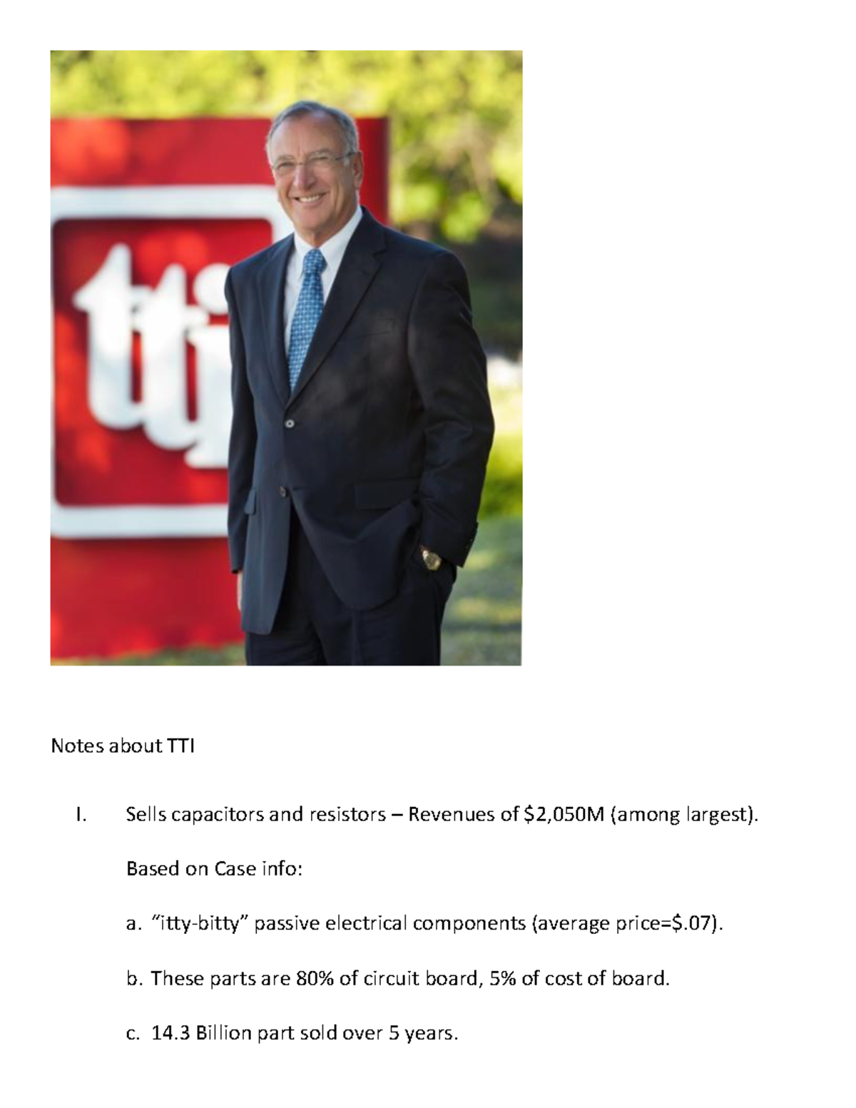 TTI Notes - Practice exercise - Notes about TTI I. Sells capacitors and ...