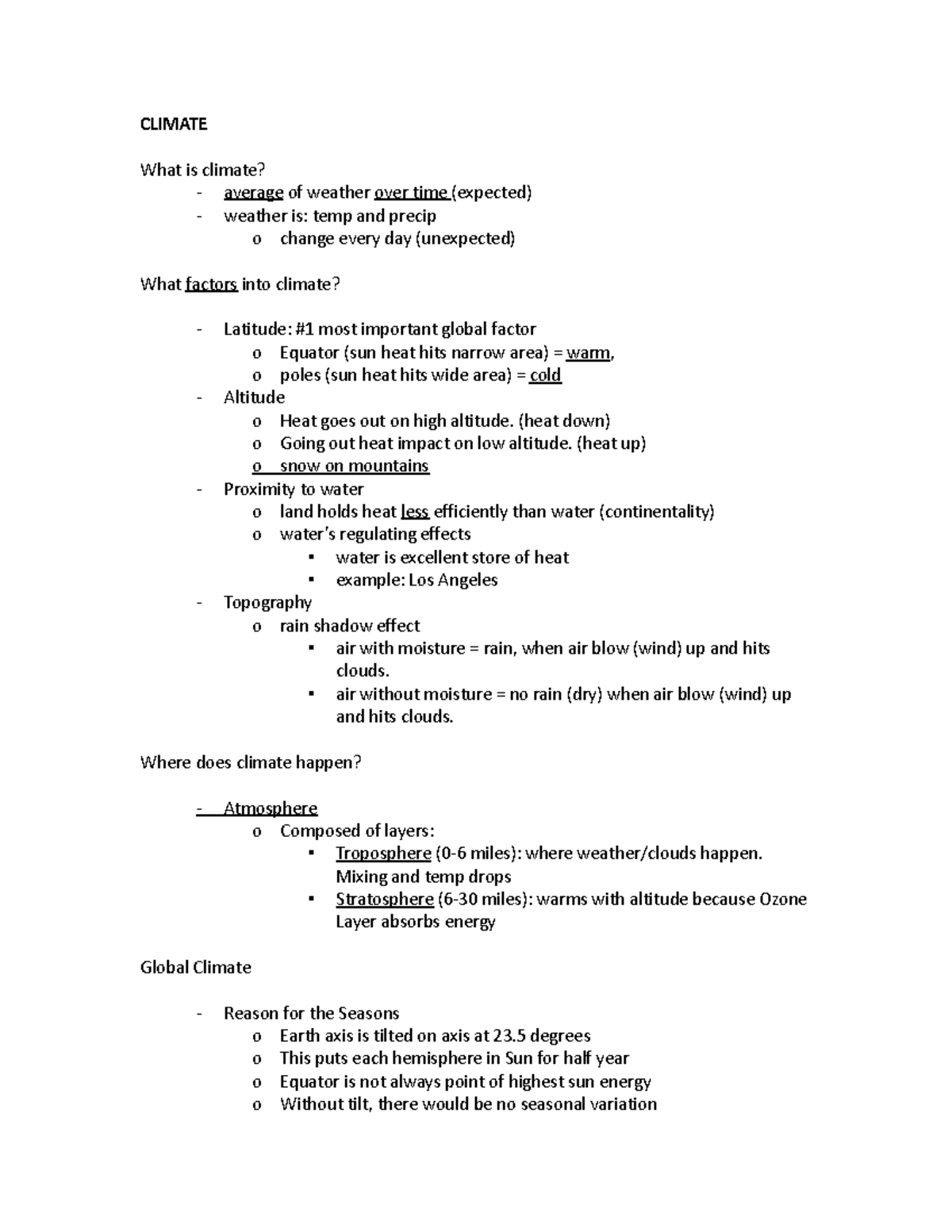 Climate Lecture Notes - CLIMATE What is climate? - average of weather ...