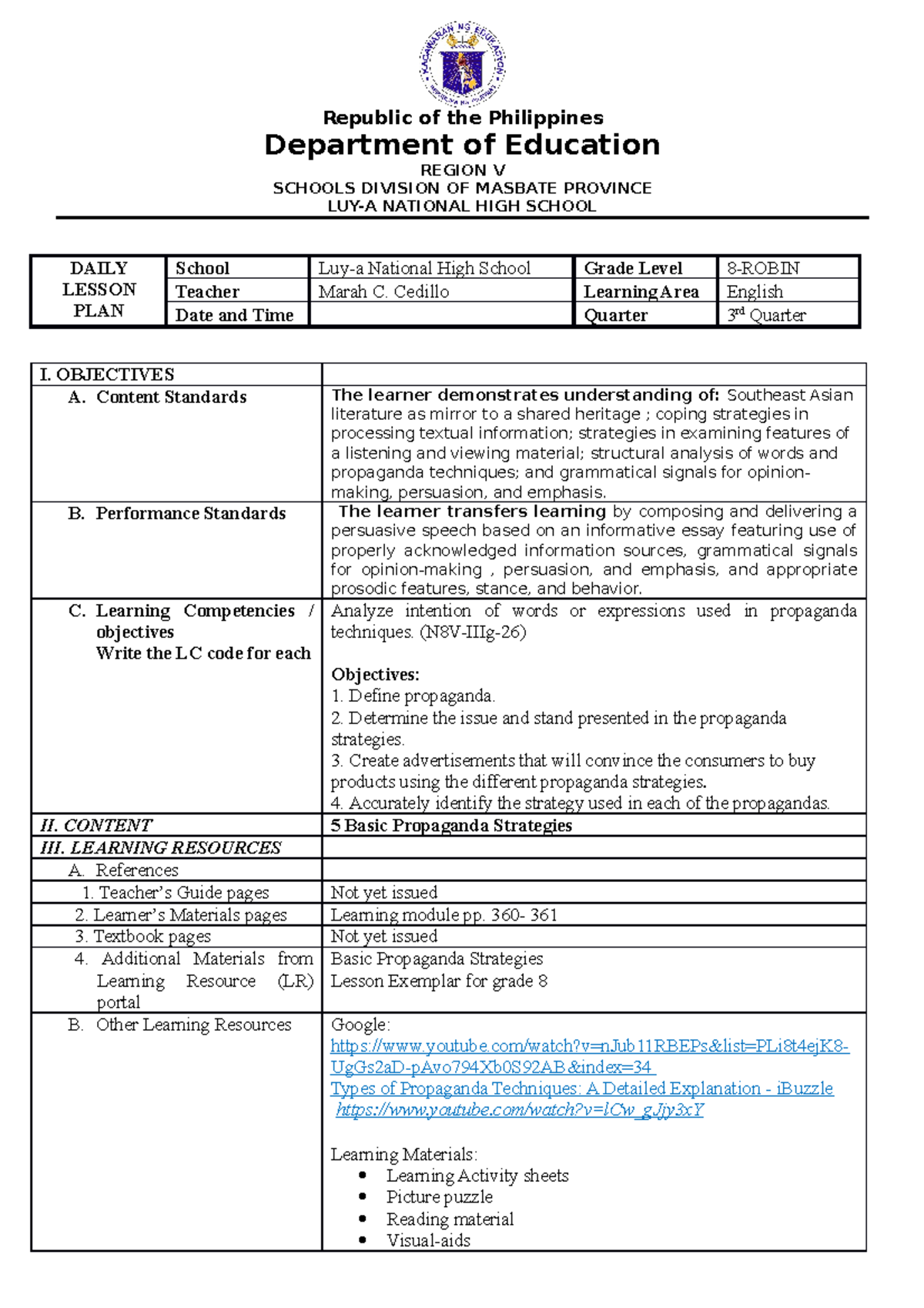 2023 co - lesson plan - Republic of the Philippines Department of ...