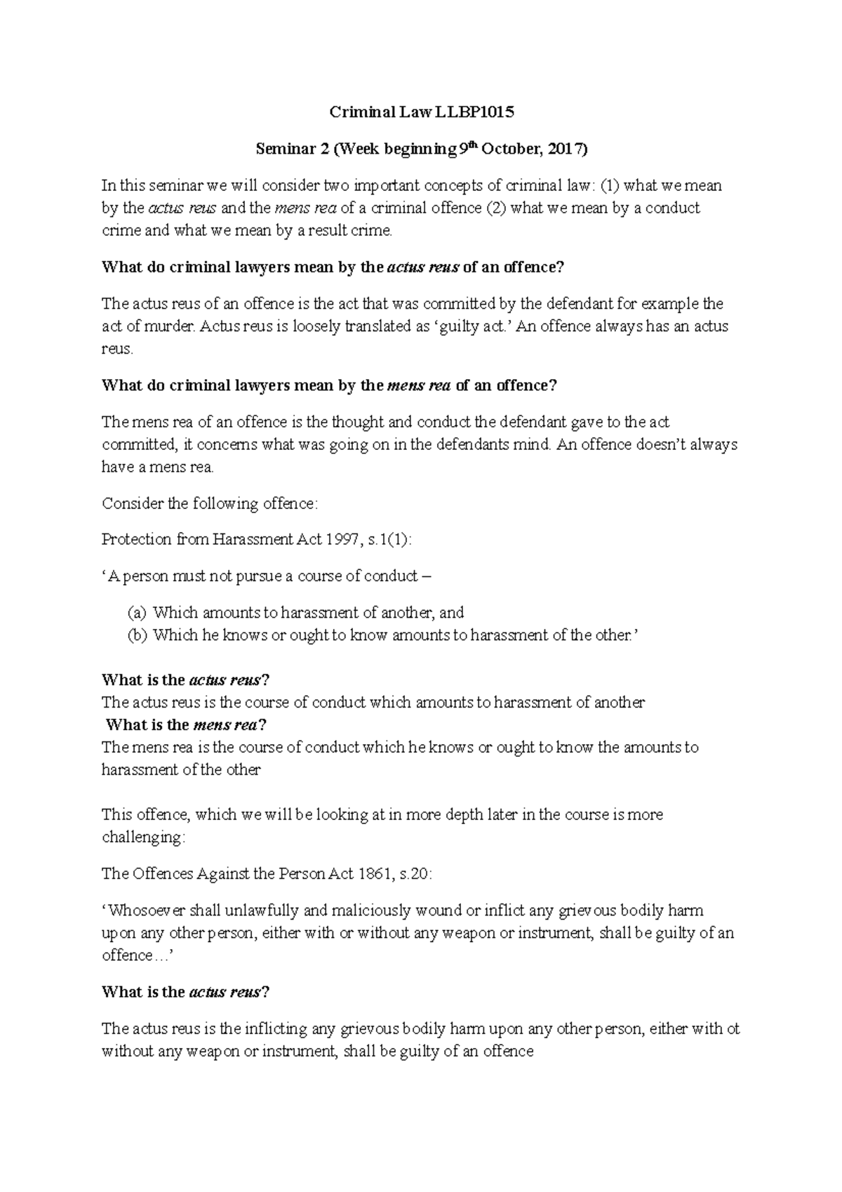 Seminar 2 worksheet - Criminal Law LLBP Seminar 2 (Week beginning 9th ...