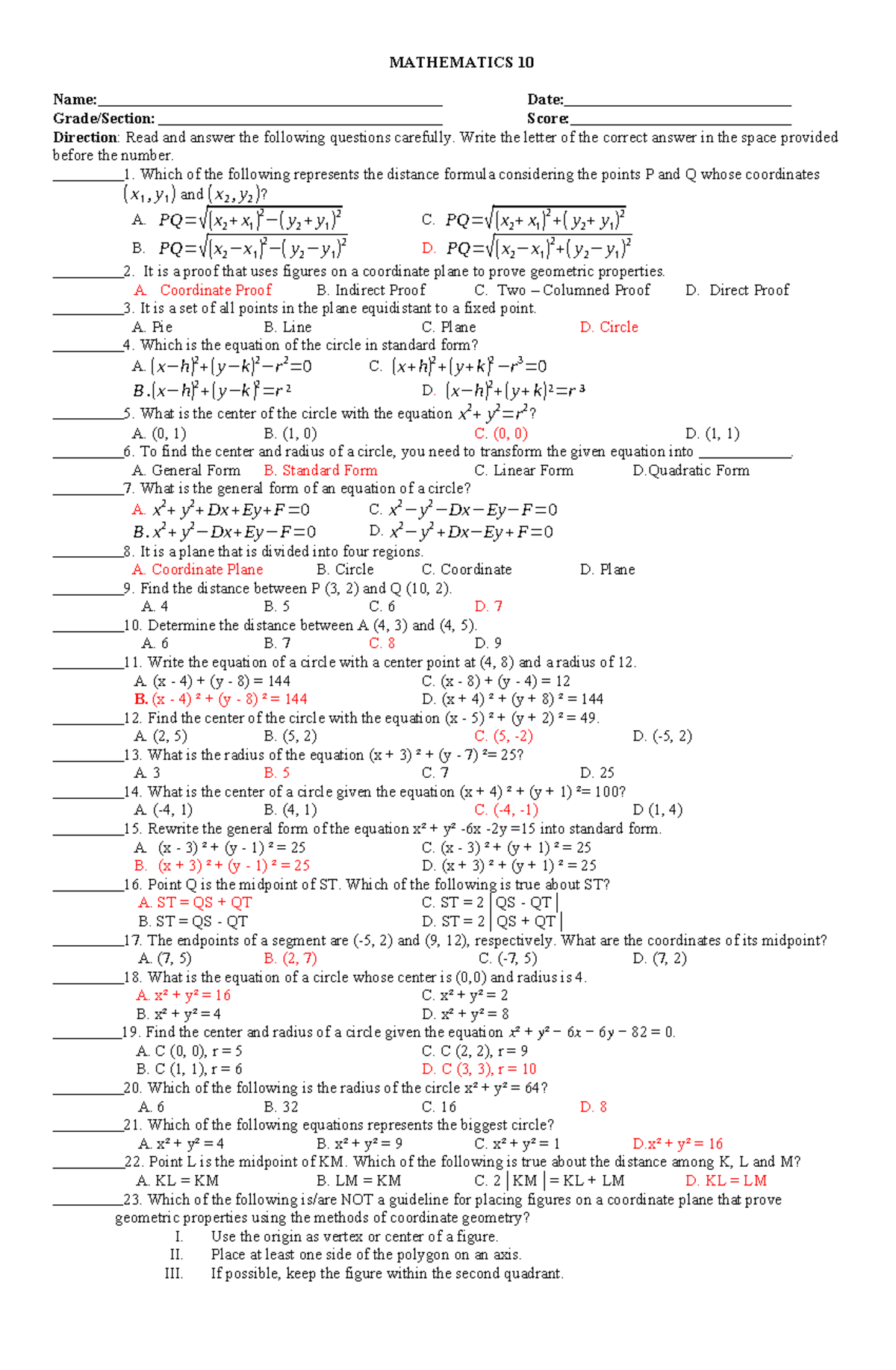 Questionnaire-10 - Copy - MATHEMATICS 10 Name: Date: Grade/Section ...
