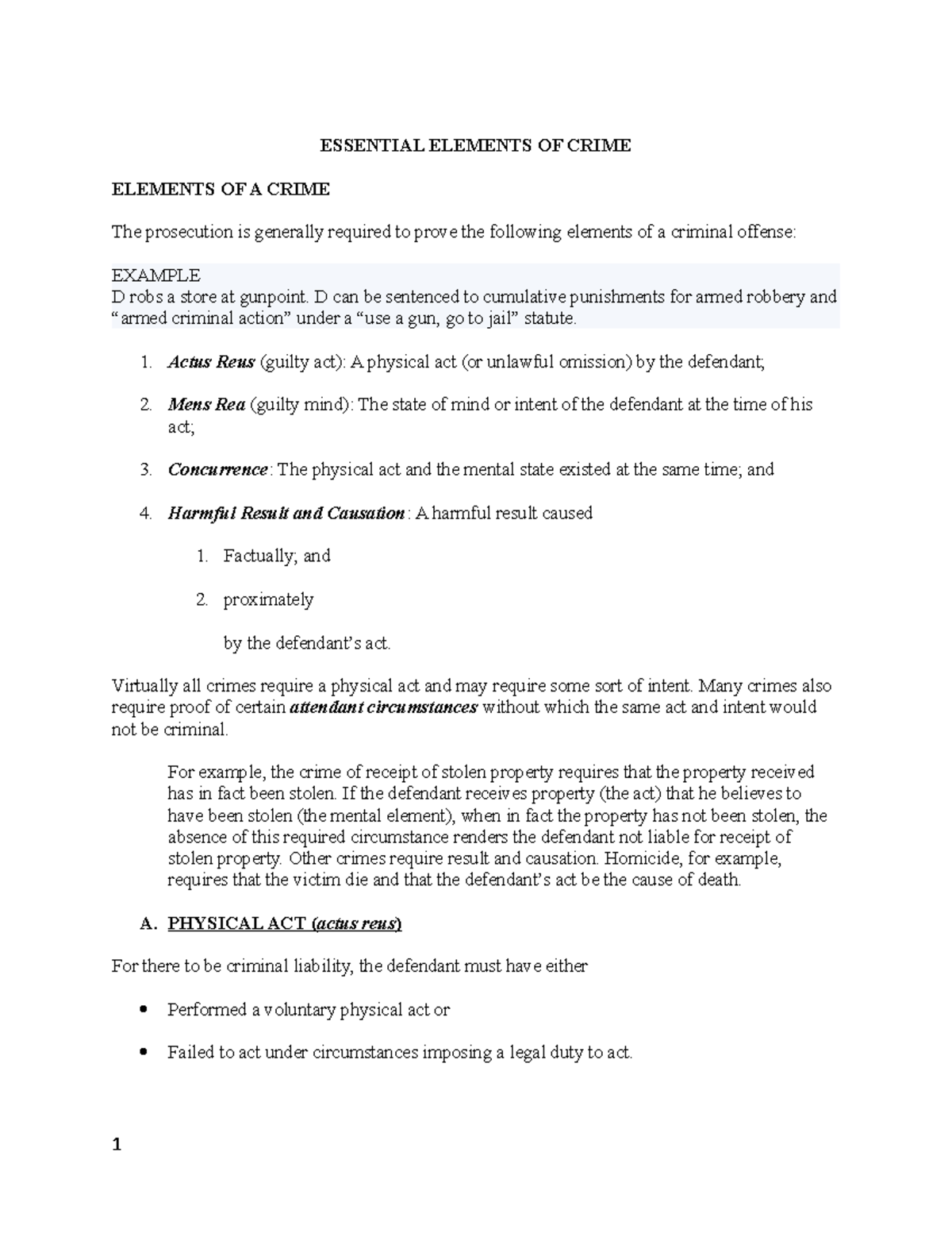 Crim outline - Course overview - ESSENTIAL ELEMENTS OF CRIME ELEMENTS ...