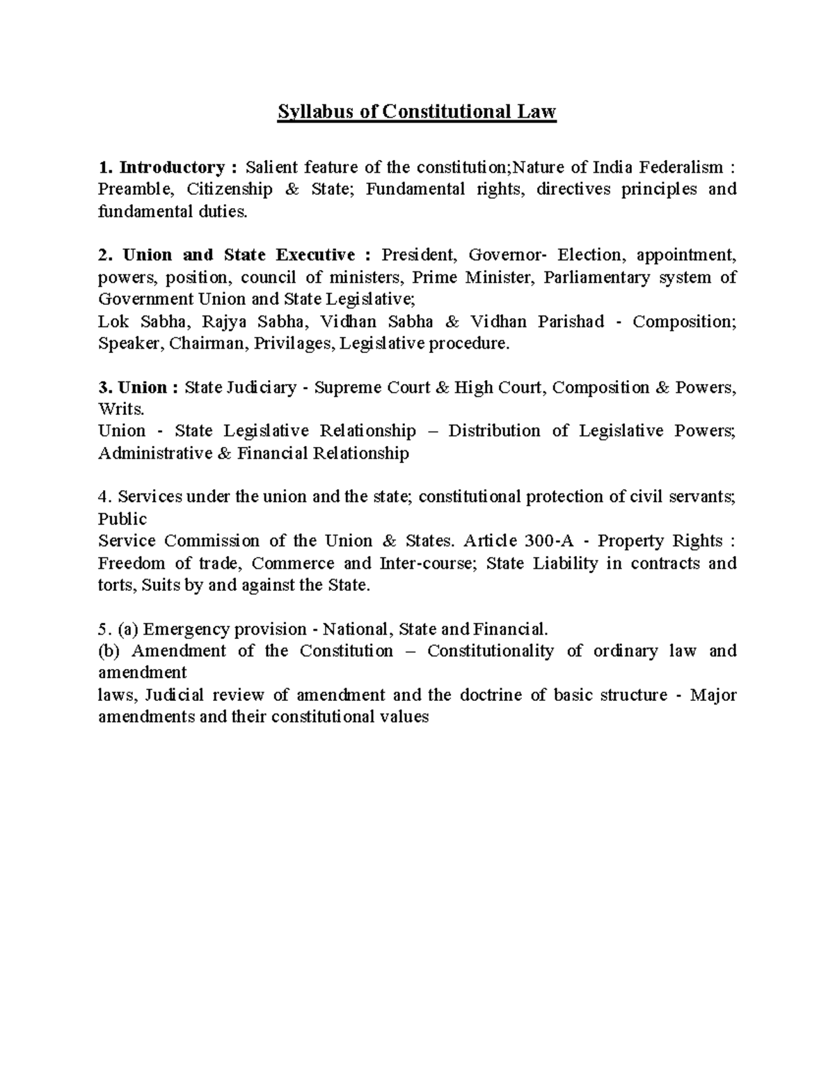 LLM Syllabus - Syllabus of Constitutional Law 1. Introductory : Salient ...