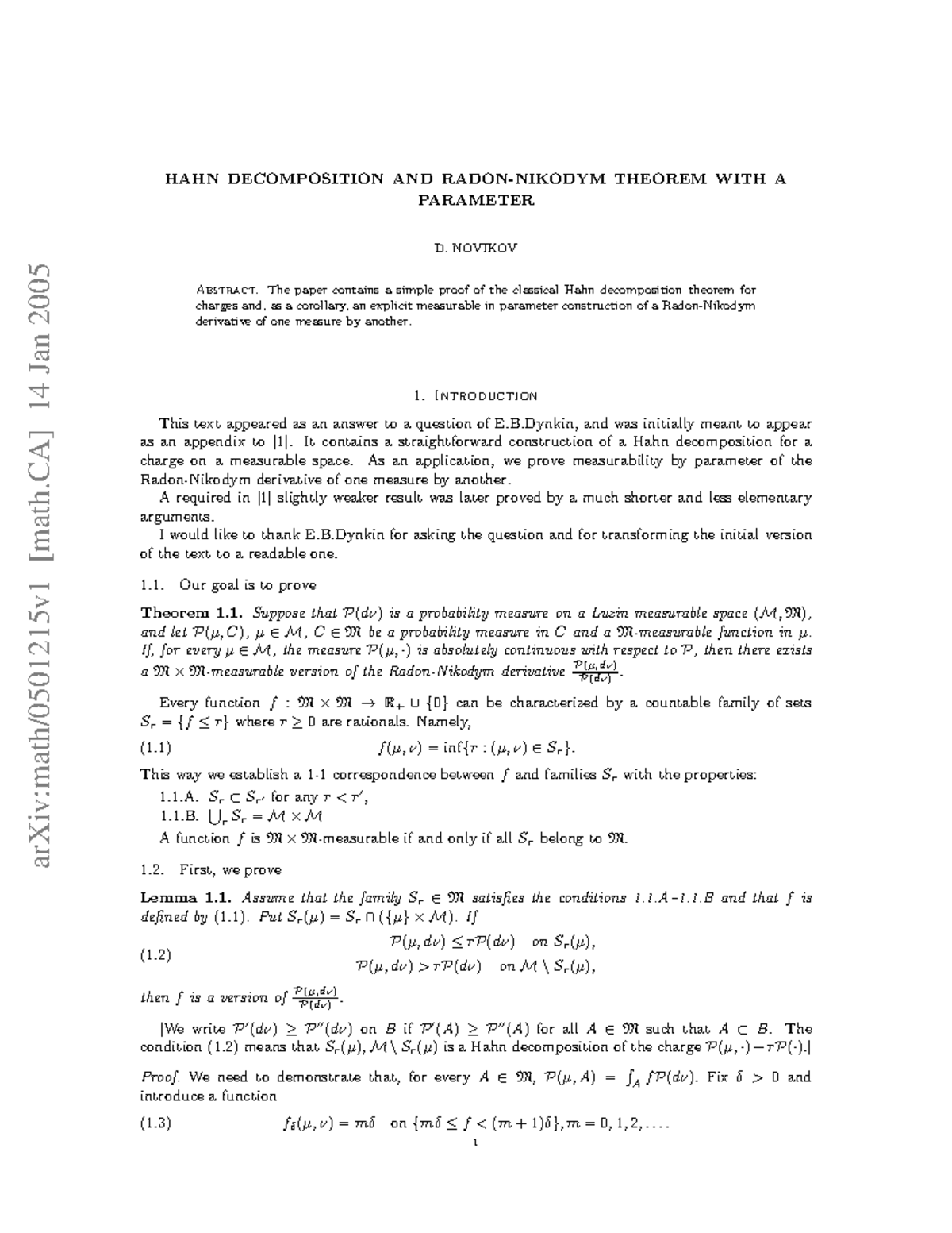 0501215 - Cours - arXiv:math/0501215v1 [math] 14 Jan 2005 HAHN DECOMPOSITION AND RADON-NIKODYM ...