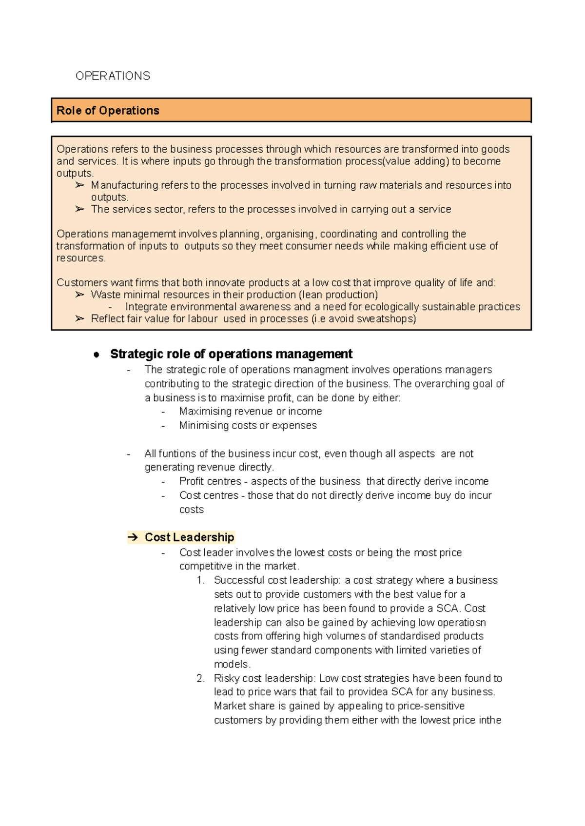 Business Study Notes - Tameika Dorahy - OPERATIONS Role of Operations ...