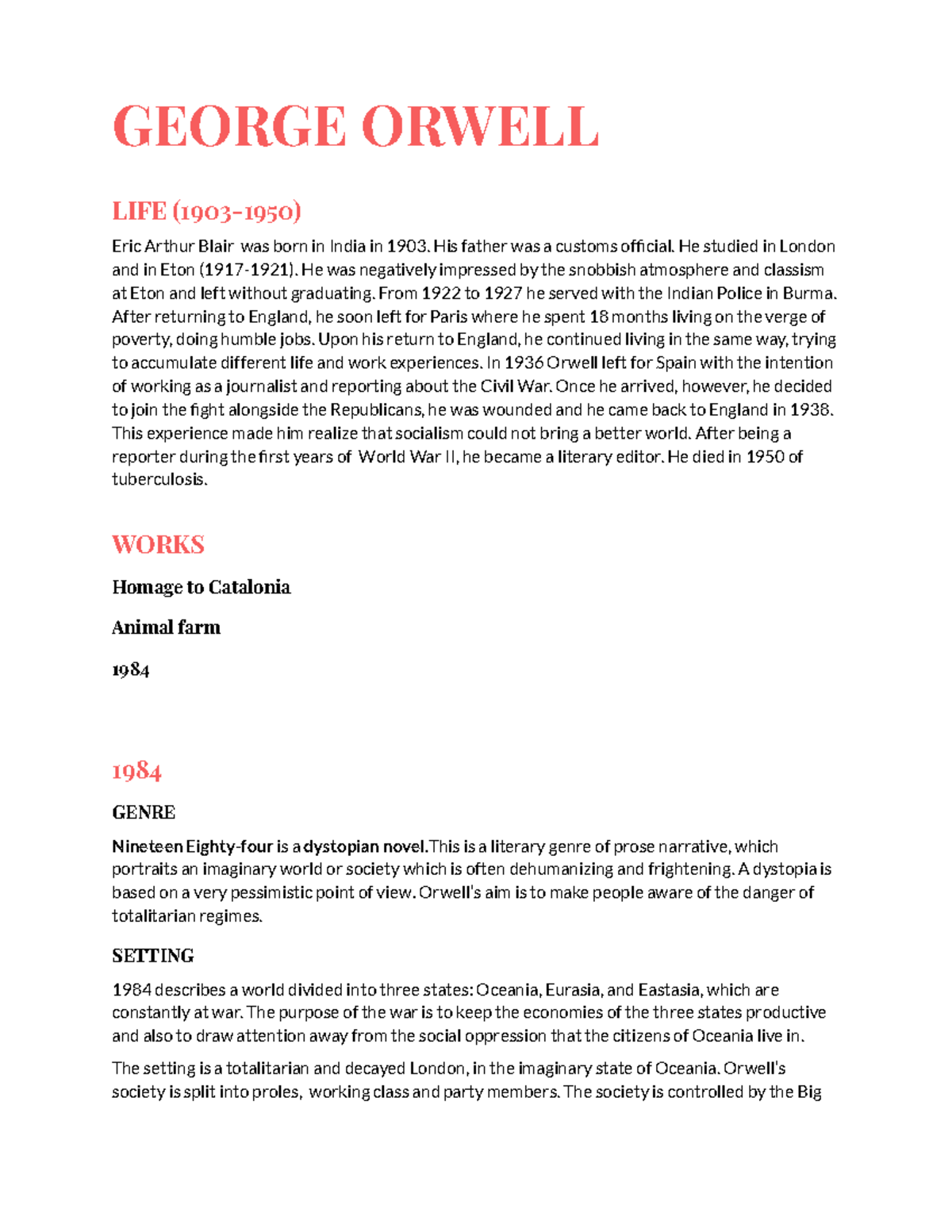 George Orwell - GEORGE ORWELL LIFE (1903-1950) Eric Arthur Blair was ...