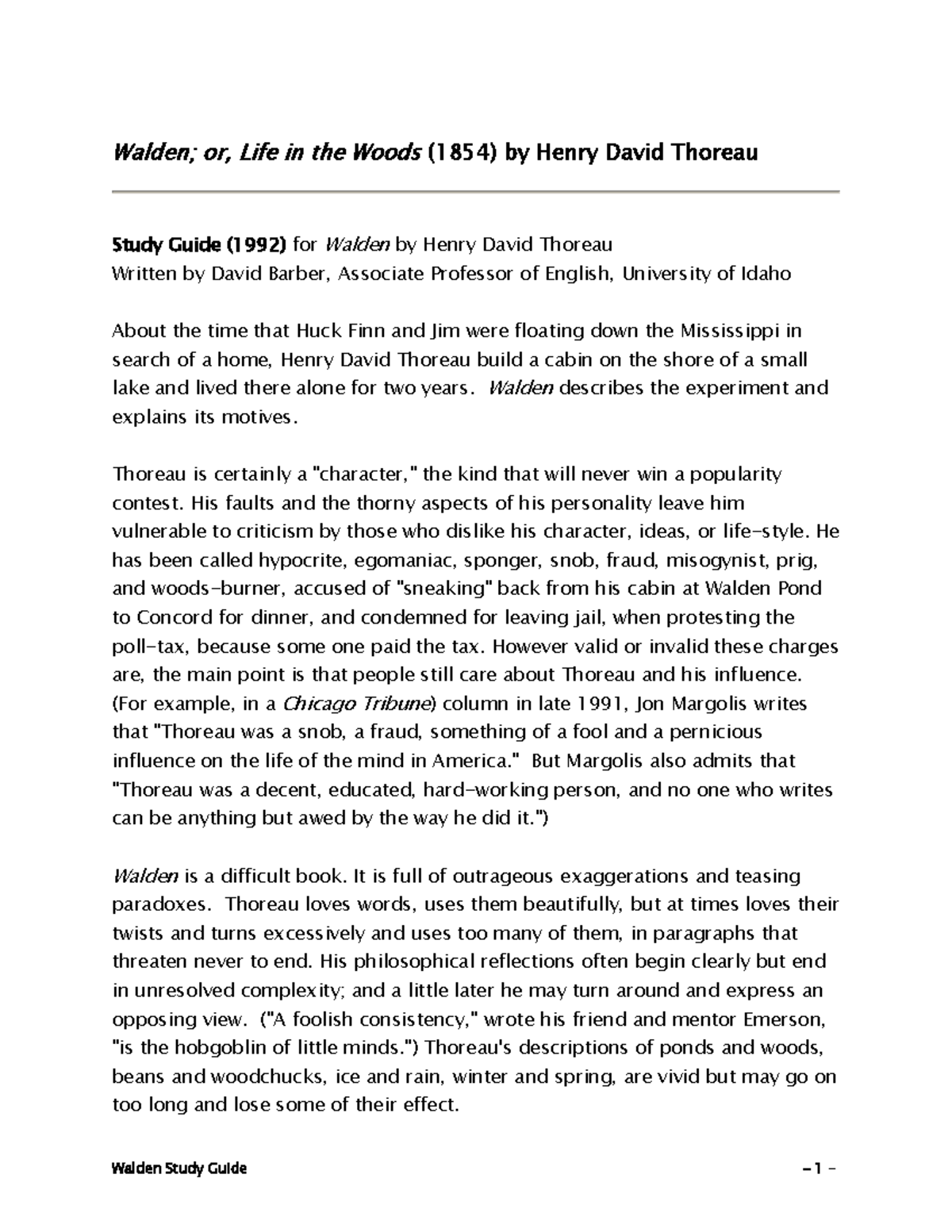 S6 Environment and Literature 1 - Walden; or, Life in the Woods (18 5 4 ...