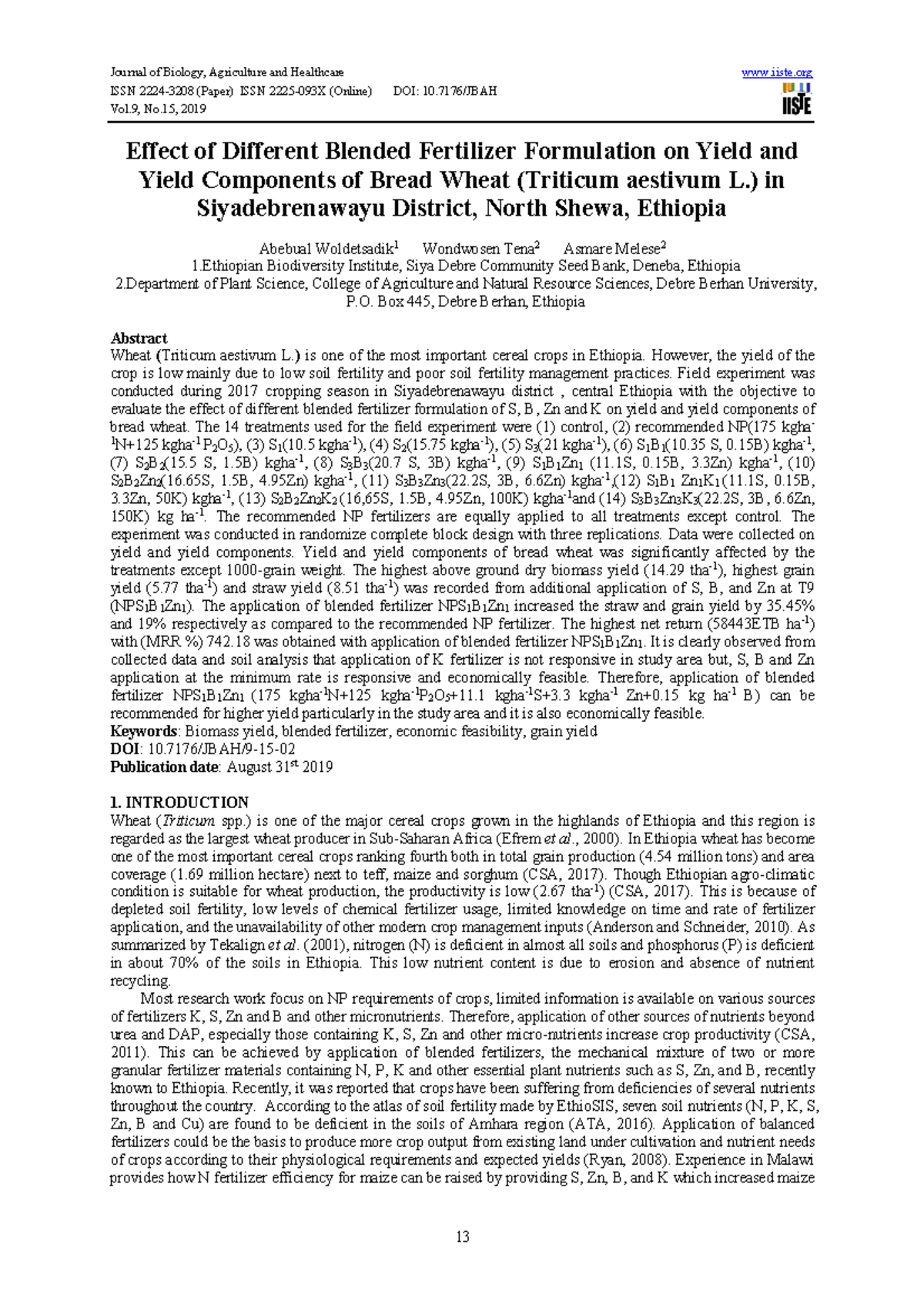 Effect of Different Blended Fertilizer Formulation on Yield and - ) in ...