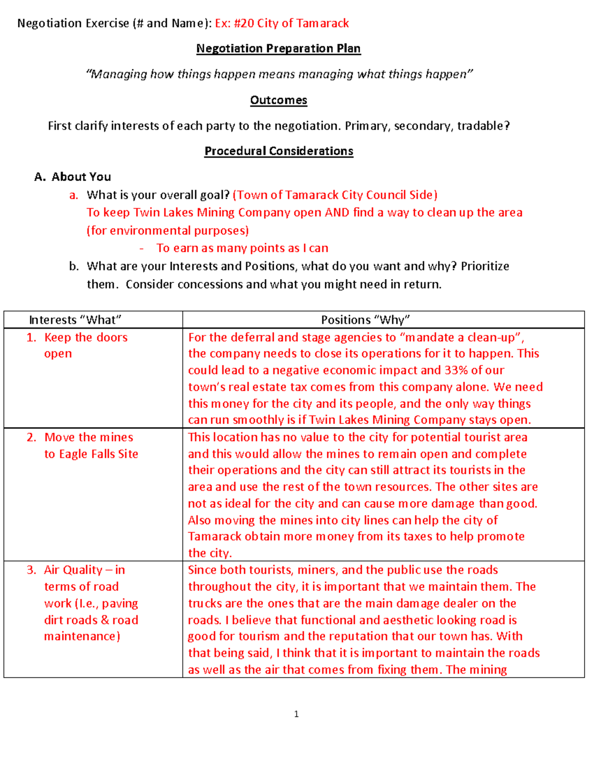 Ex #20 City of Tamarack - Negotiation Exercise (# and Name): Ex: #20 ...