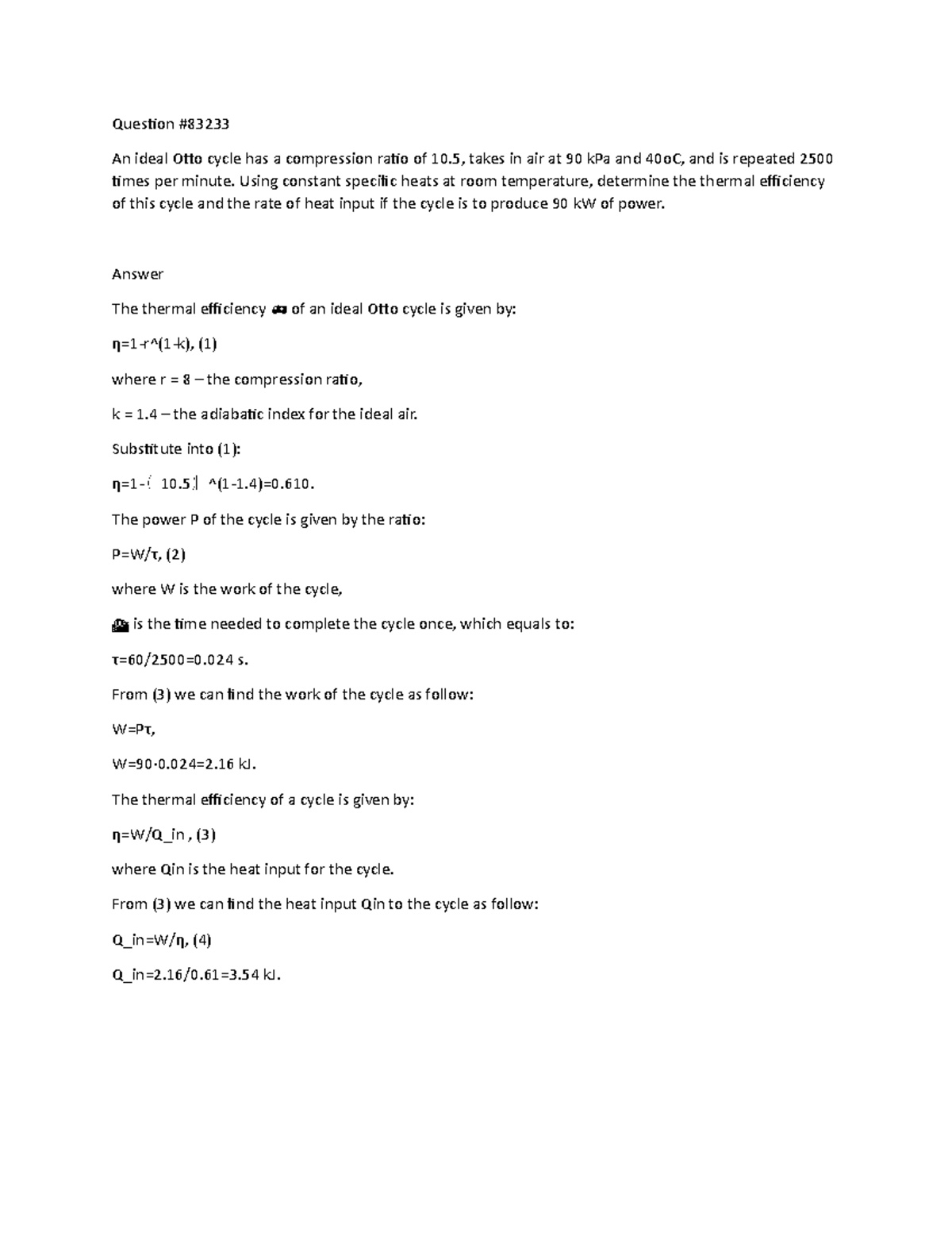 Question Thermodynamics - Question # An ideal Otto cycle has a ...