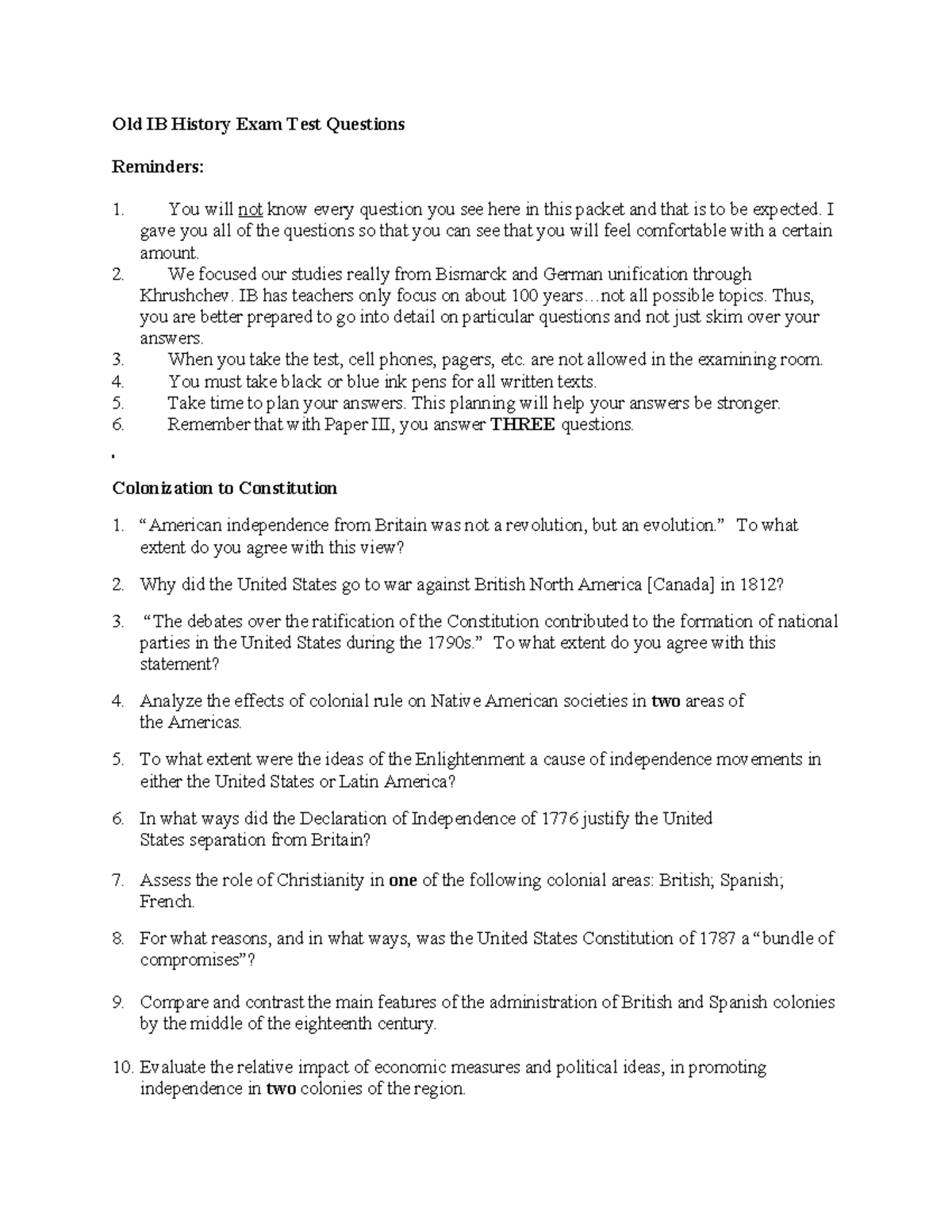 Ib history released questions paper 3 - Old IB History Exam Test ...