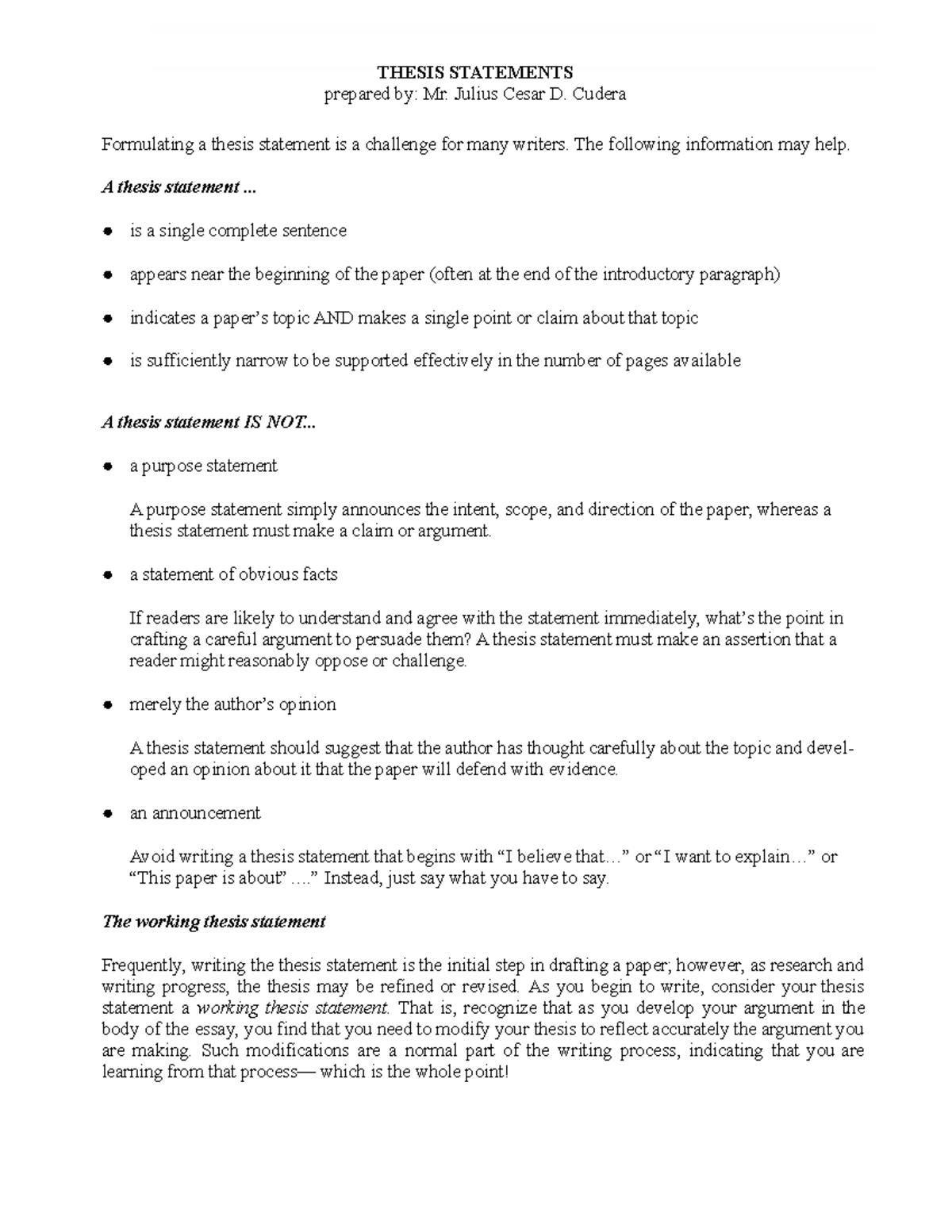 Thesis Statements.docx - THESIS STATEMENTS prepared by: Mr. Julius ...