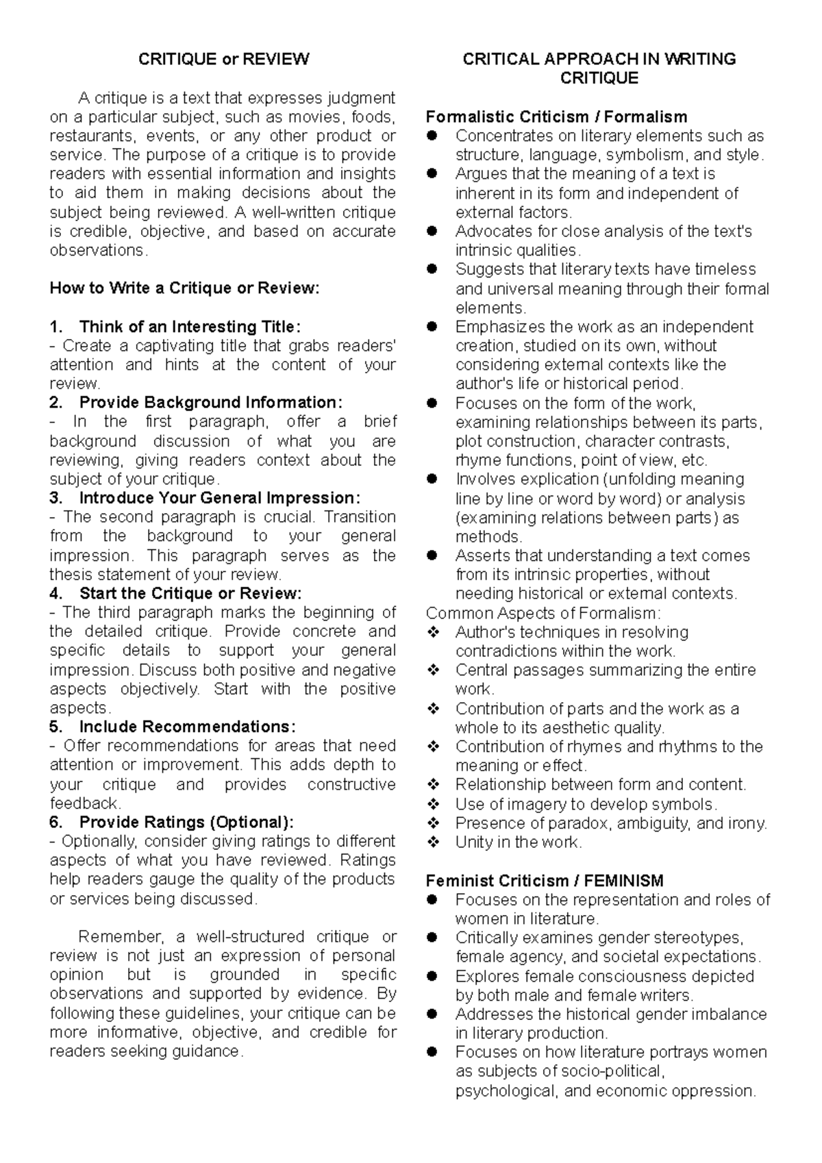 Critical Approaches IN Studying Literature Do you - CRITIQUE or REVIEW ...