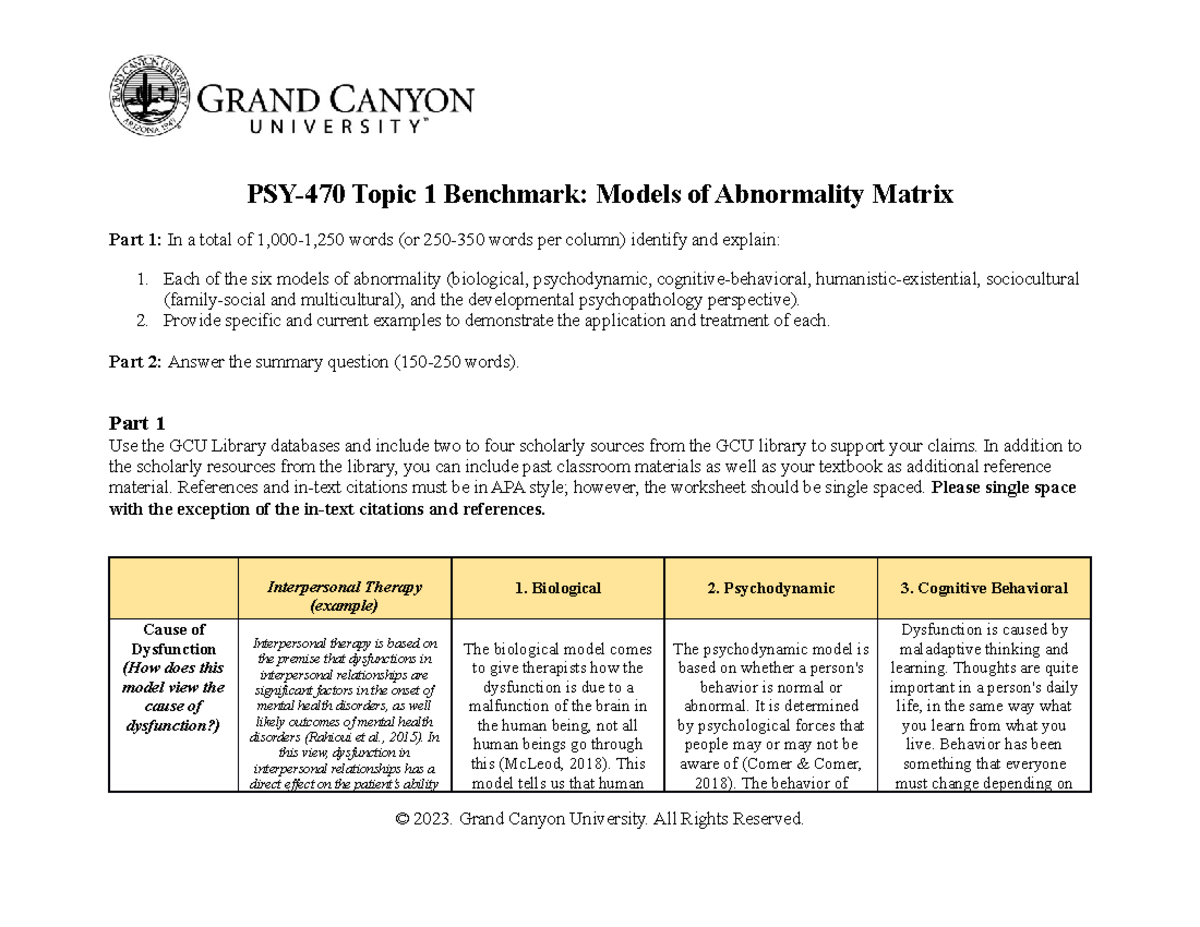 PSY-470-RS-T1-Modelsof Abnormality Matrix Assignment - PSY-470 Topic 1 ...