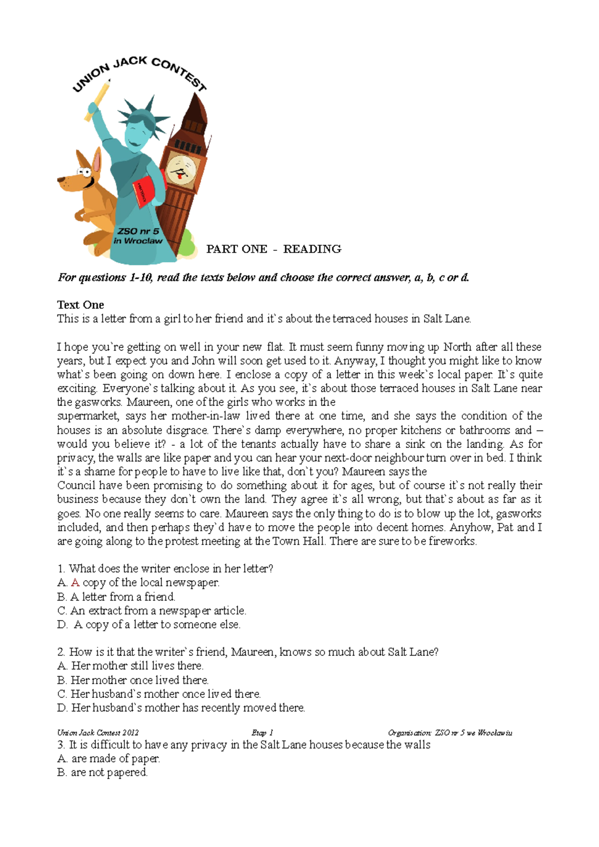 Union jack contest test 2012 - PART ONE - READING For questions 1-10 ...