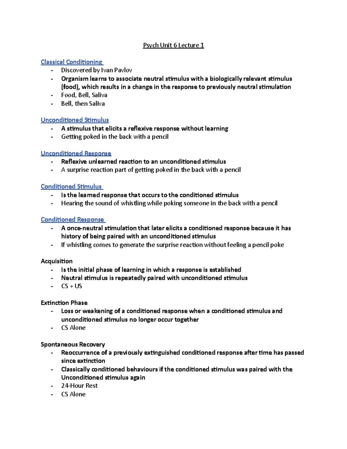 Psych Unit 6 Lecture 1 - Psych Unit 6 Lecture 1 Classical Conditioning ...