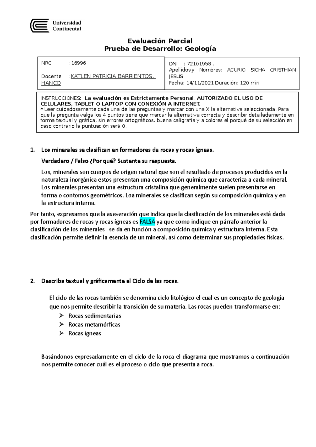 PA 02 Examen Parcial Geología - Evaluación Parcial Prueba de Desarrollo: Geología Los minerales ...